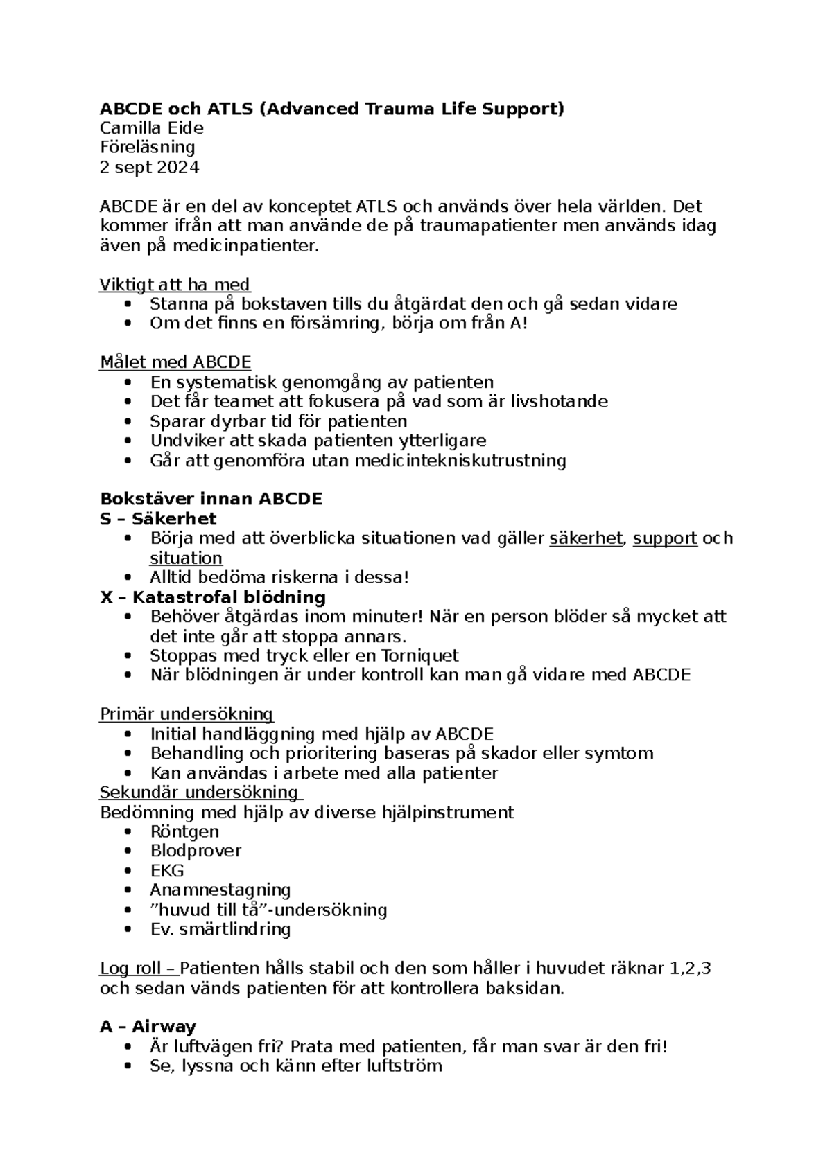 Abcde och ATLS - Anteckningar från föreläsning - ABCDE och ATLS ...