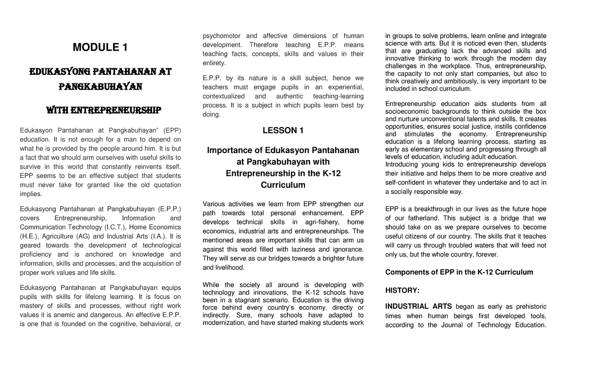 TLE2 Module 1 2 - MODULE 1 Edukasyong Pantahanan at Pangkabuhayan with Entrepreneurship ...