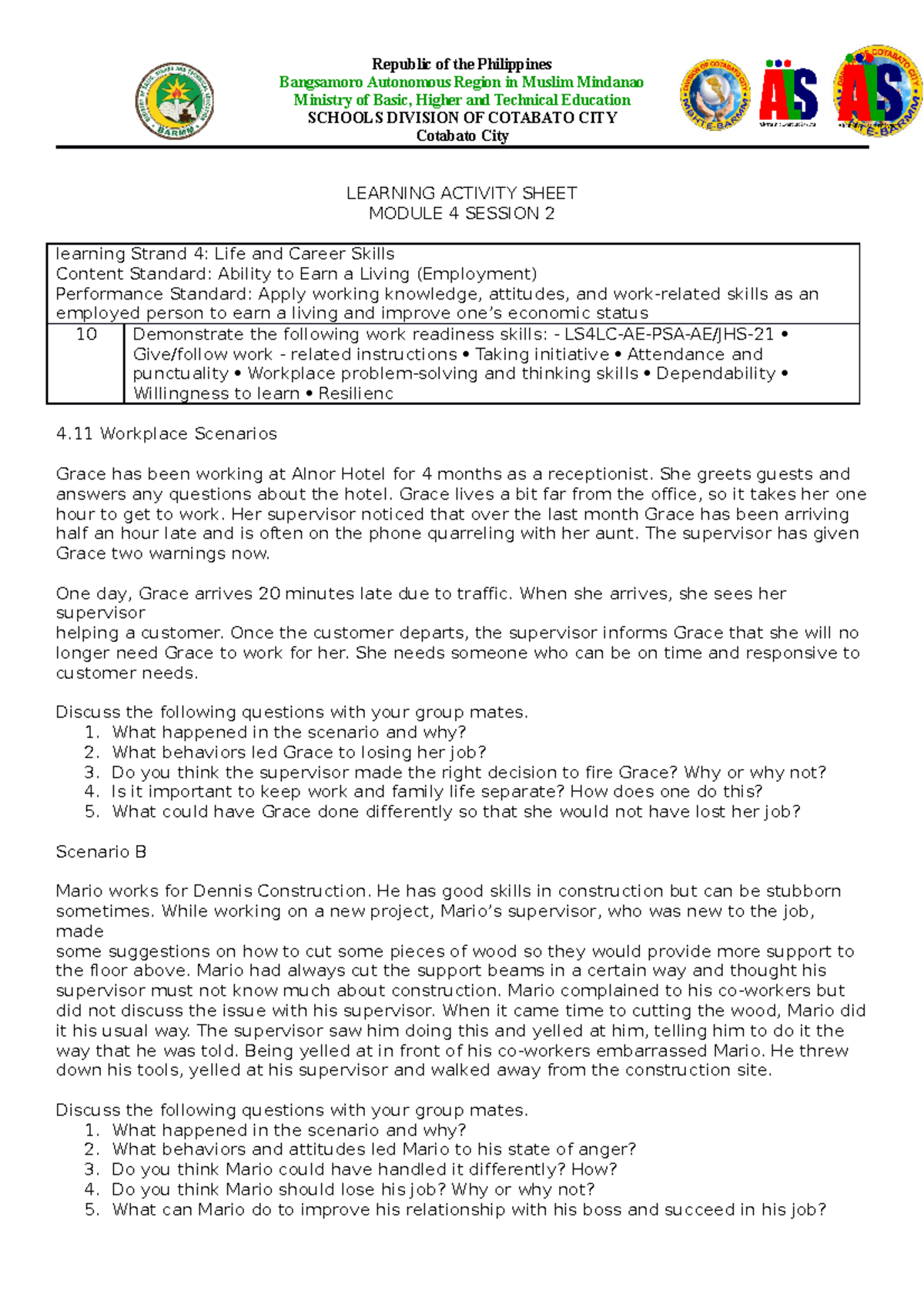 Module 4-Session 2 LAS - Quiz - Republic of the Philippines Bangsamoro ...