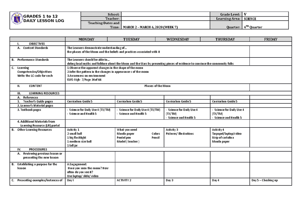 Grade 5 DLL Science 5 Q4 Week 7 - GRADES 1 to 12 DAILY LESSON LOG School: Grade Level: V Teacher ...