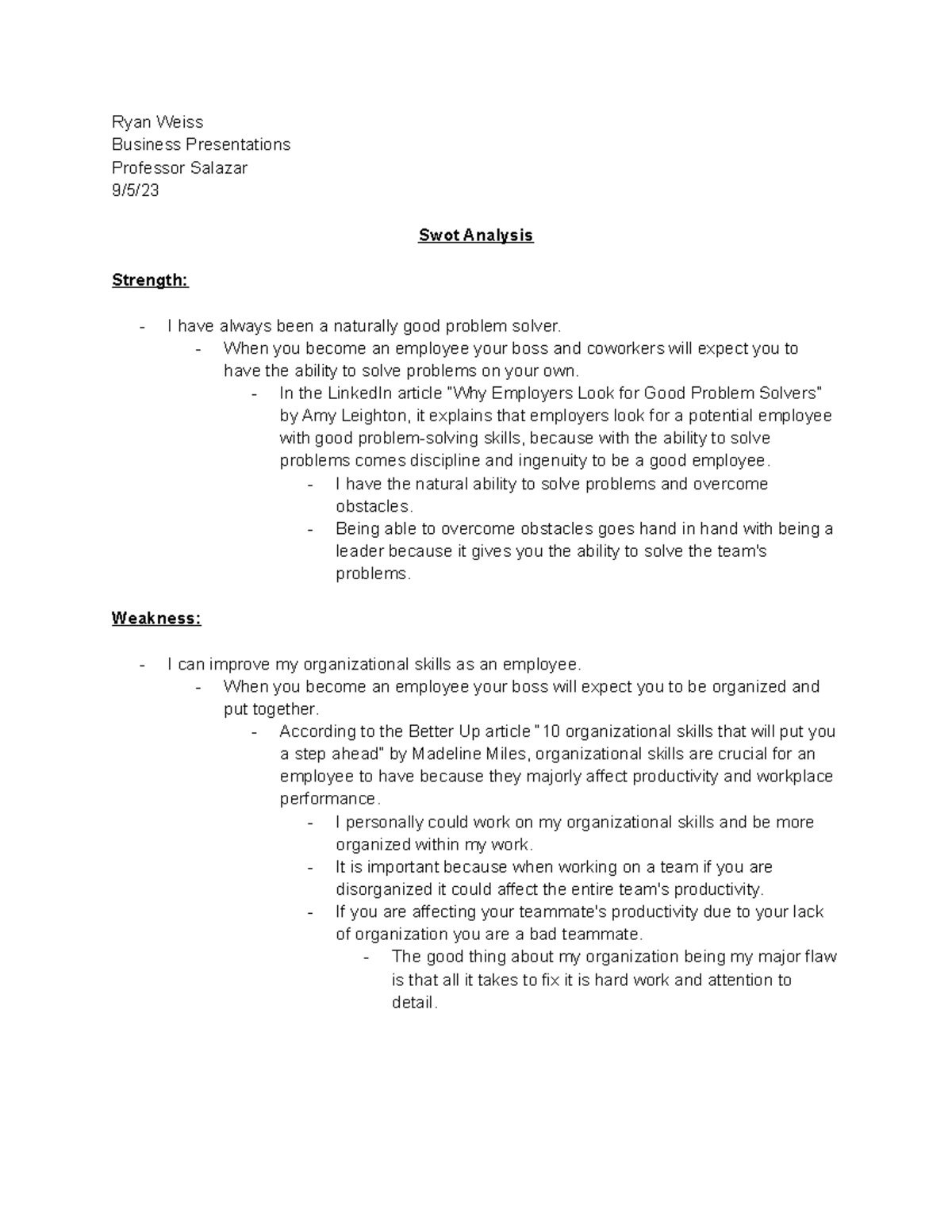 Swot Analysis Outline - Chapter 2 - Ryan Weiss Business Presentations ...
