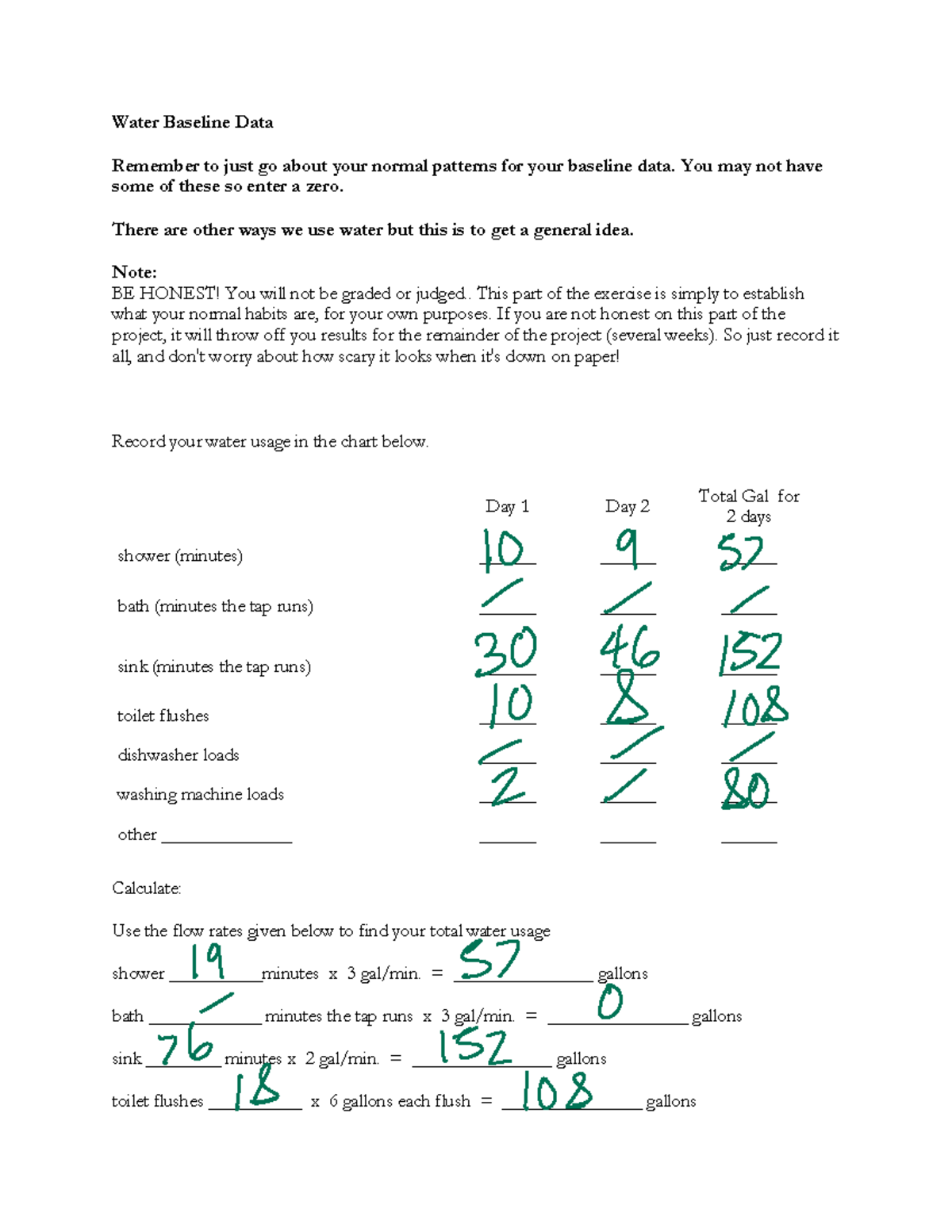 Water Data Sheet Baseline - Water Baseline Data Remember to just go ...