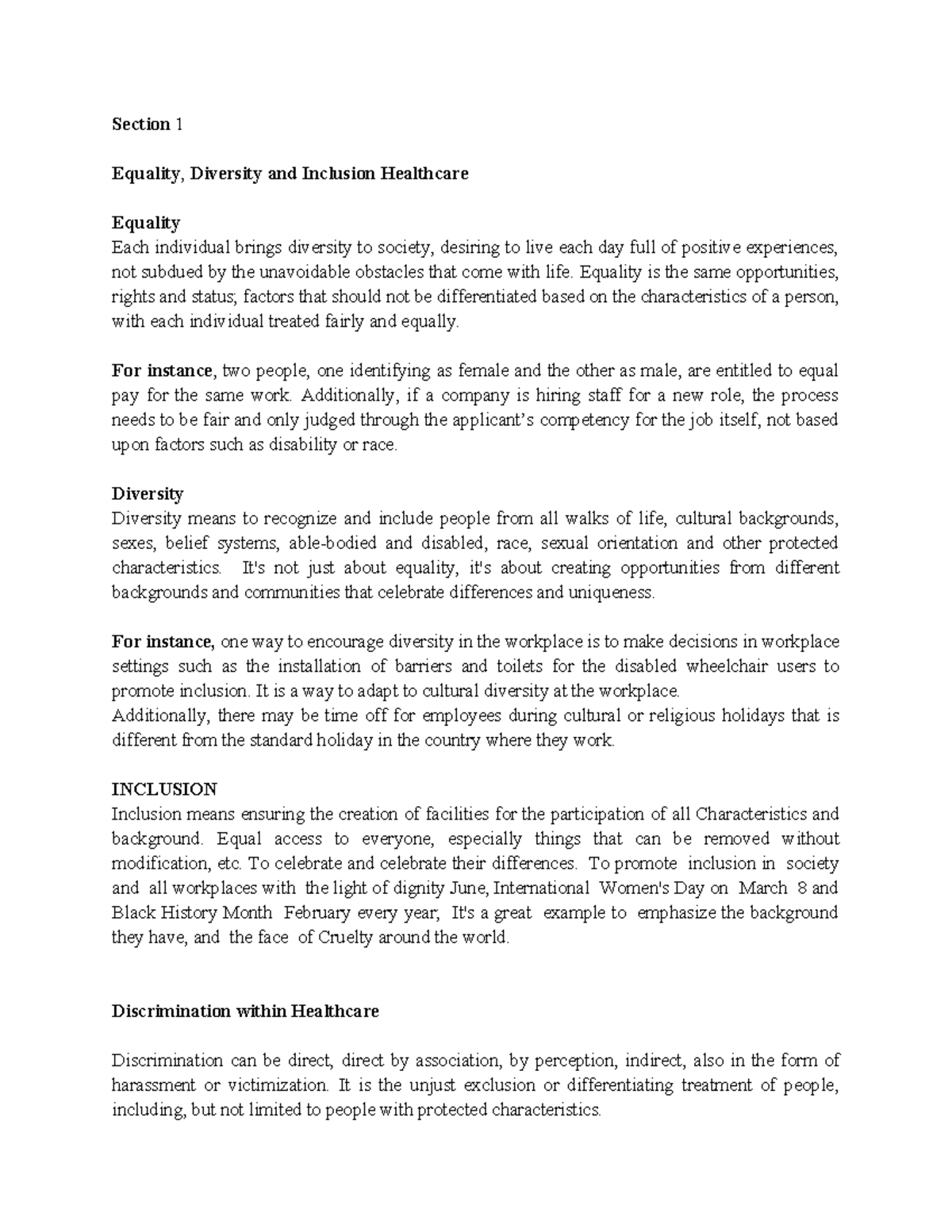 UNIT 6 Assignment - Unit 6 - Section 1 Equality, Diversity and ...