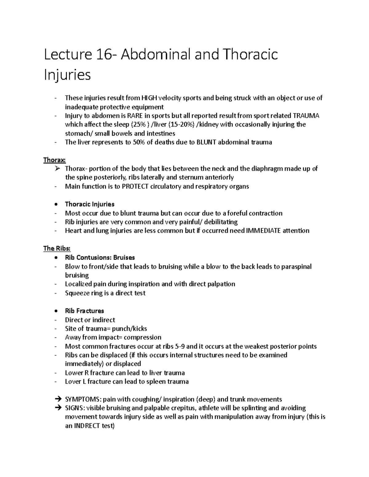 2236- Lecture 16 - In class notes - Lecture 16- Abdominal and Thoracic ...