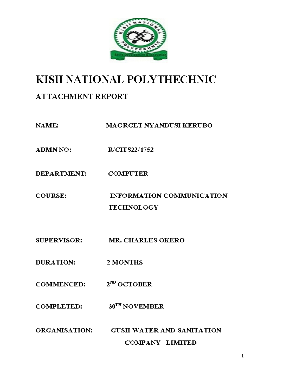 Kisii National Polythechnic - KISII NATIONAL POLYTHECHNIC ATTACHMENT ...