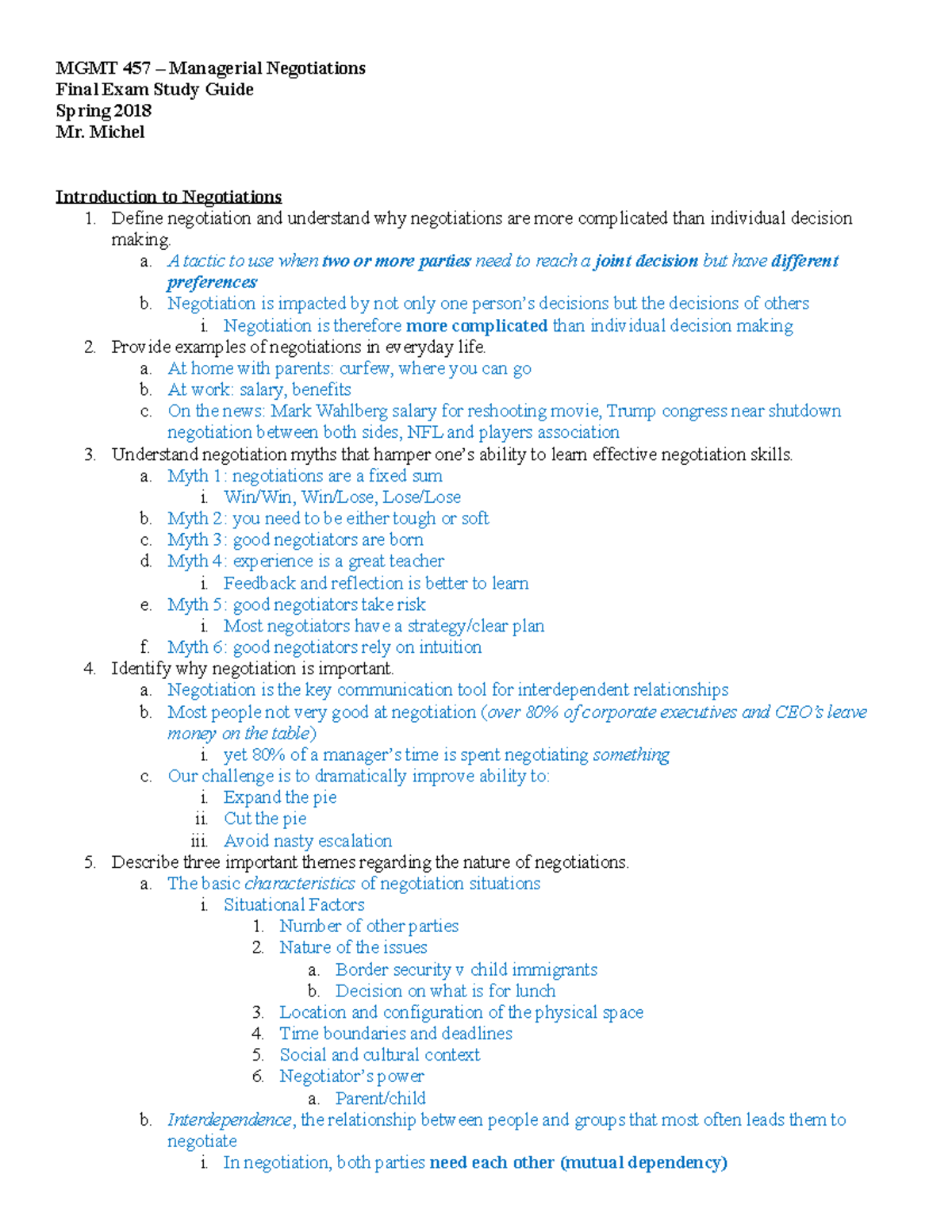 MGMT 457 Final Study Guide - MGMT 457 Managerial Negotiations Final ...