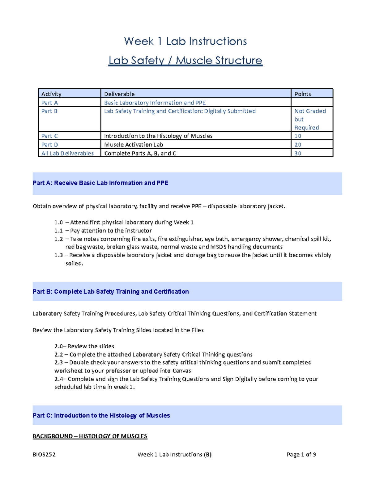 BIOS252 W1 Lab Instructions - May 2021 Updated - Week 1 Lab Instructions Lab Safety / Muscle ...