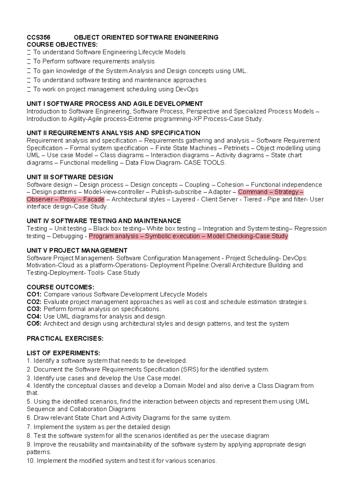 Object oriented software engineering - CCS356 OBJECT ORIENTED SOFTWARE ENGINEERING COURSE - Studocu