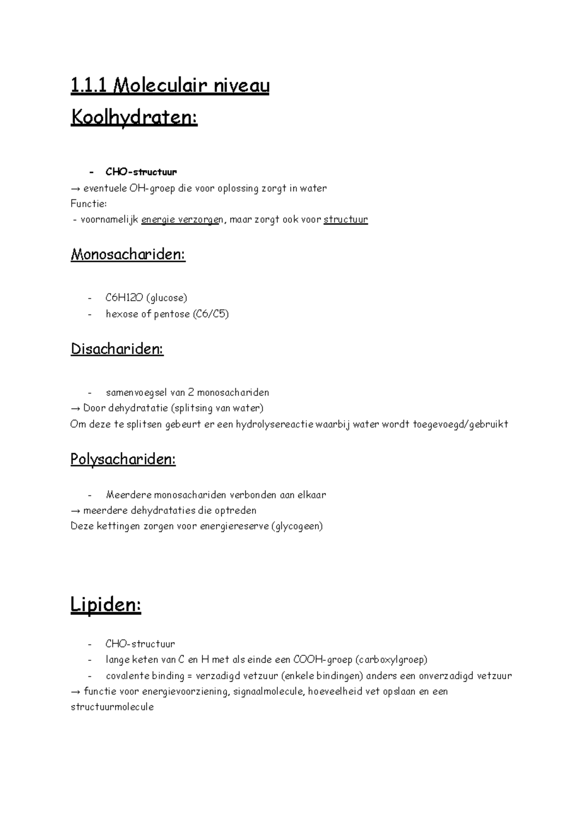 Basisprincipes kinesiologie (zso) - 1.1 Moleculair niveau Koolhydraten ...