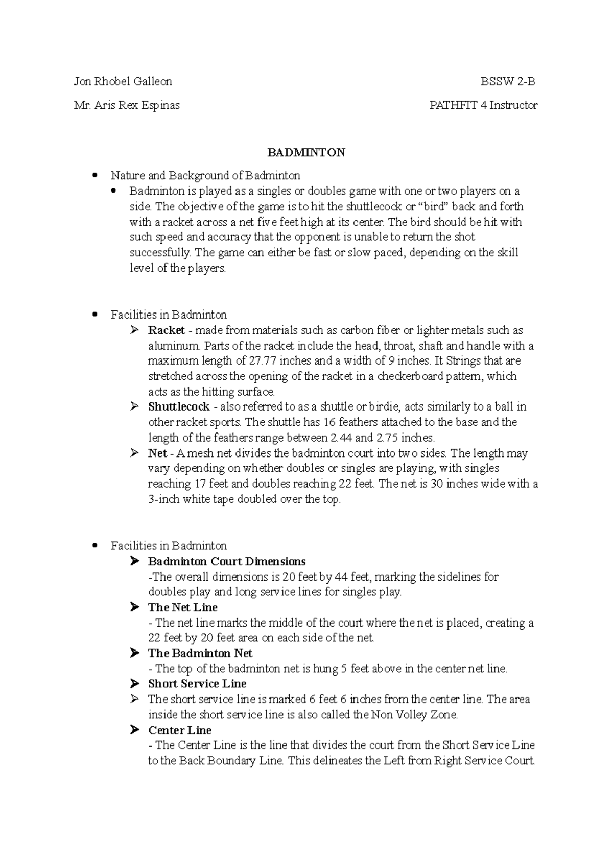 Badminton Introduction - Jon Rhobel Galleon BSSW 2-B Mr. Aris Rex ...