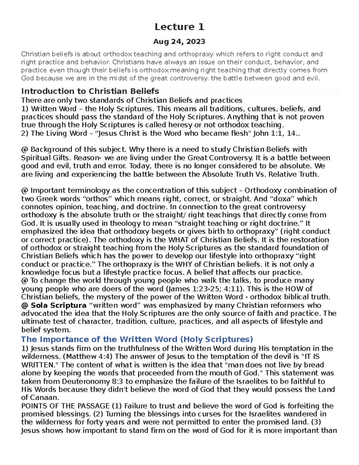 Lecture 1 - Lecture 1 Aug 24, 2023 Christian beliefs is about orthodox ...