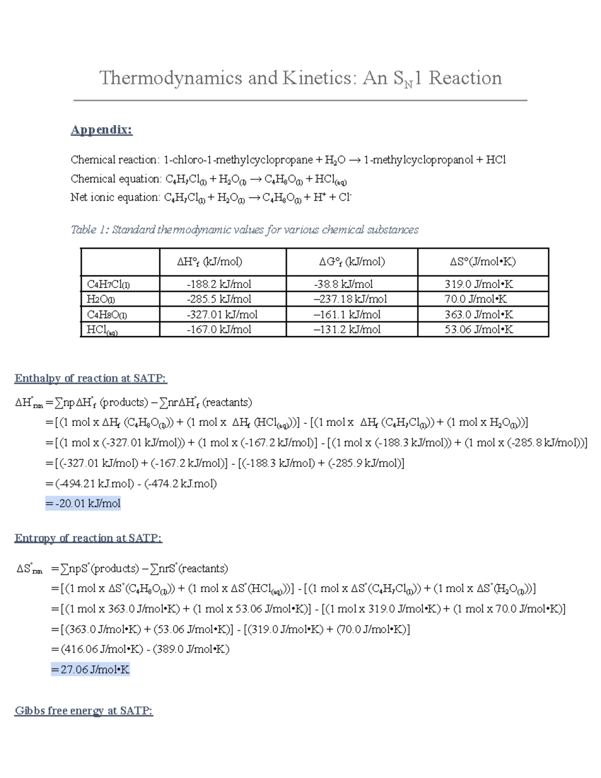 SCH4U Culminating - Thermodynamics and Kinetics: An SN1 Reaction Appendix: Chemical reaction ...