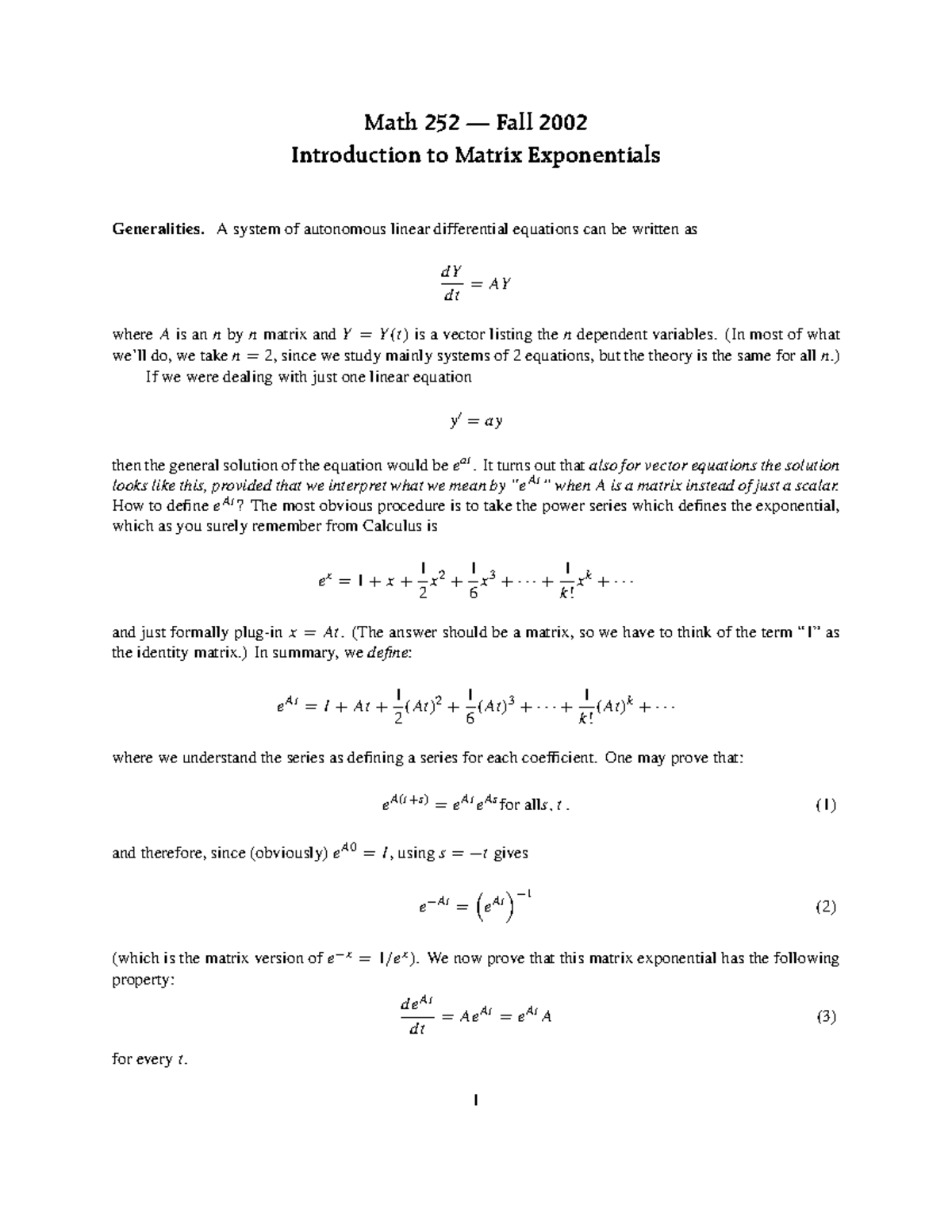 Matrixex - Control systems lectures notes - Math 252 — Fall 2002 ...