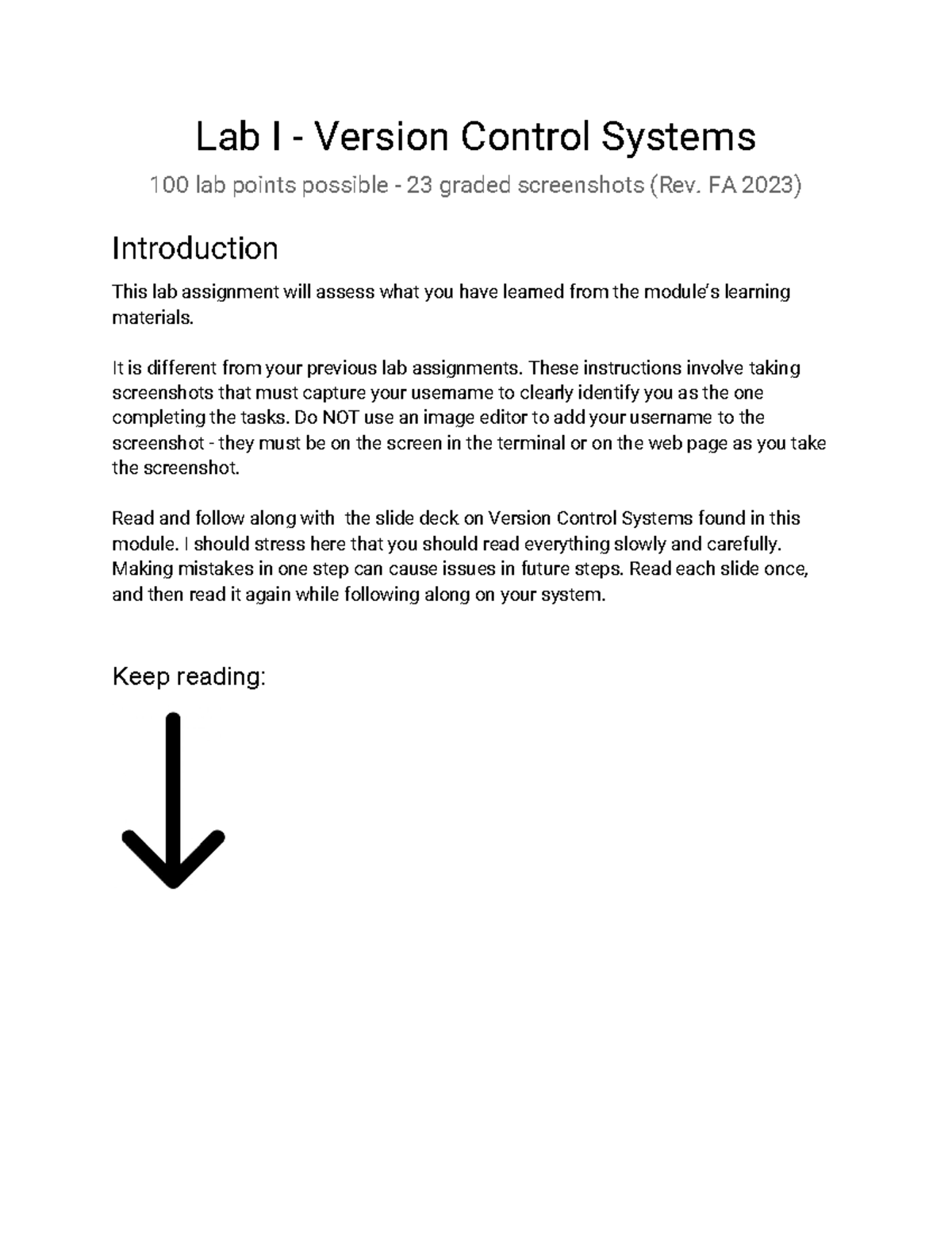 Lab I - Lab assignment - Lab I - Version Control Systems 100 lab points possible - 23 graded ...