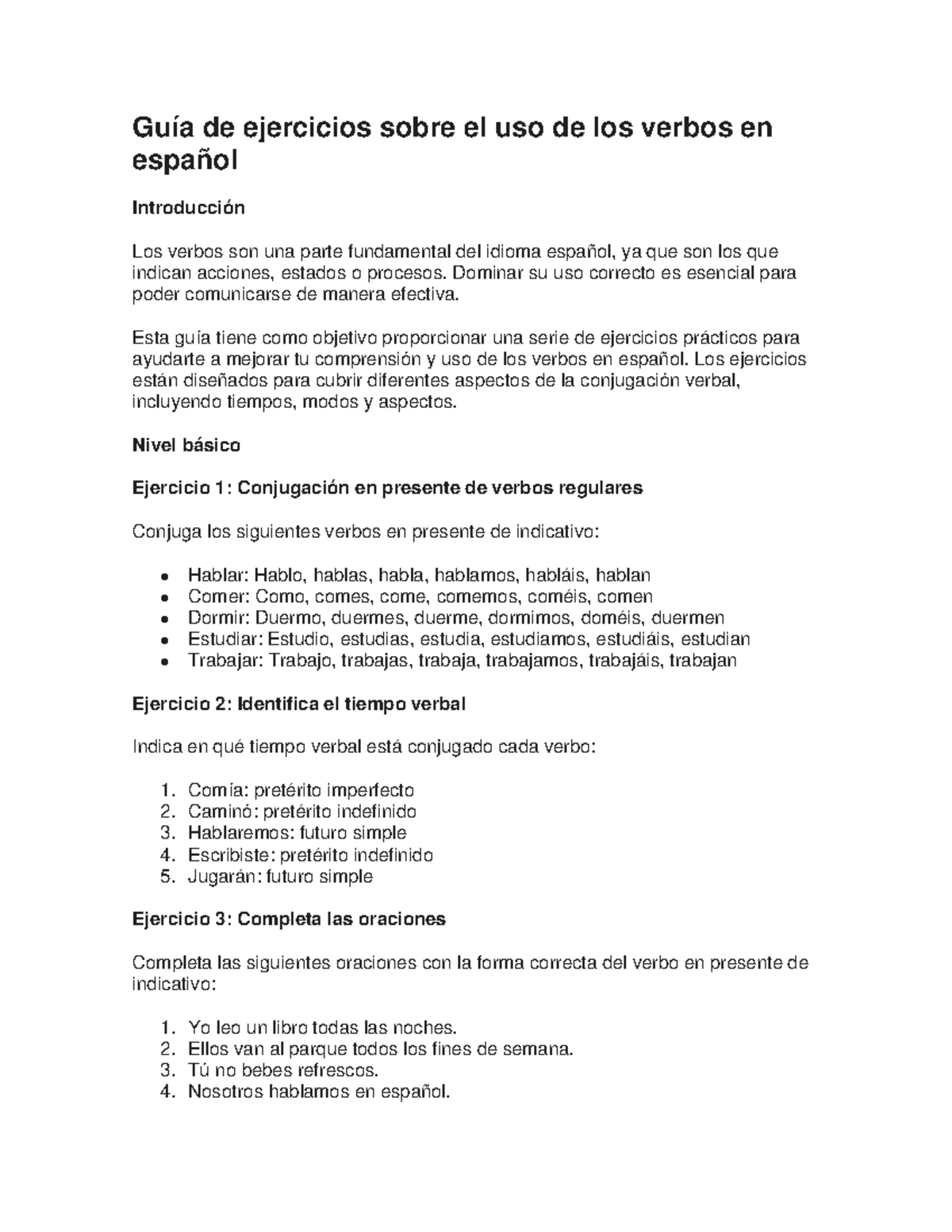 Guía de ejercicios sobre el uso de los verbos en español - Guía de ...