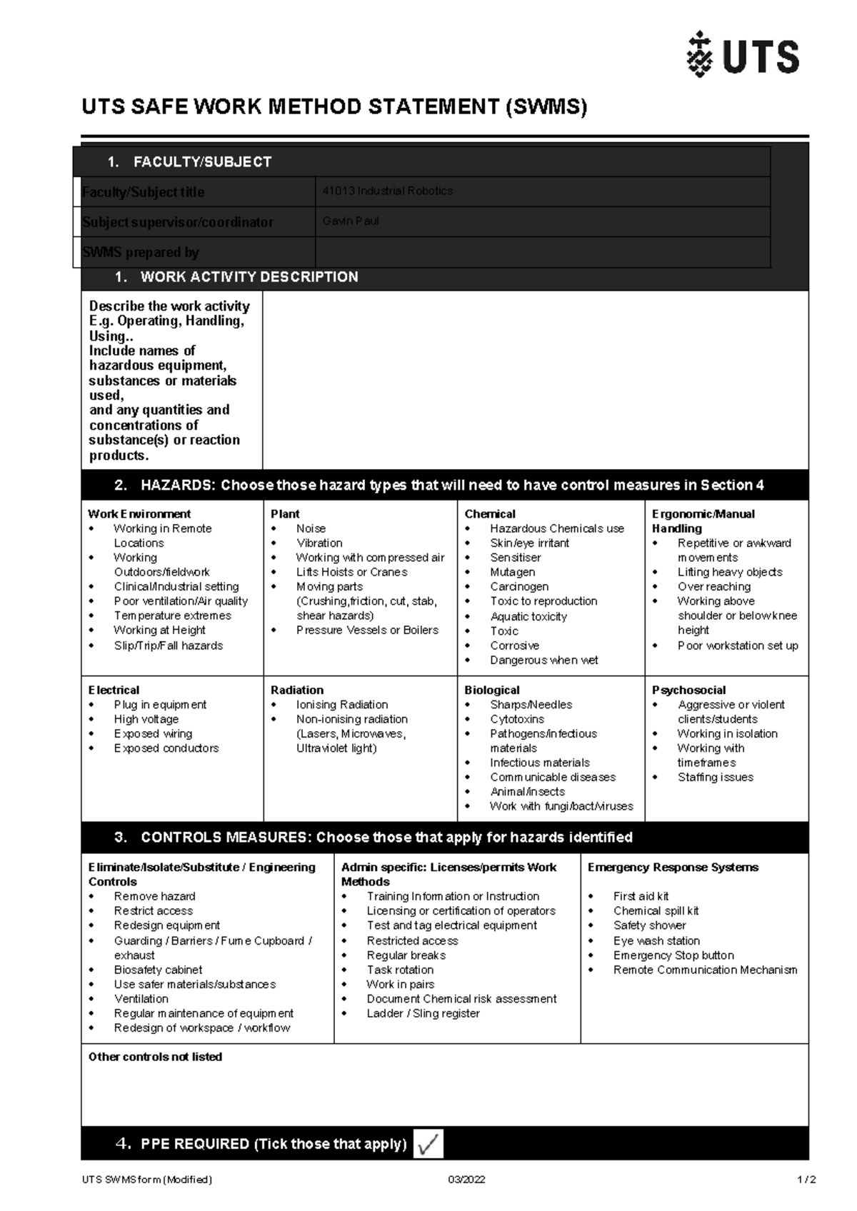 UTS SWMS Template (Industrial Robotics) - UTS SAFE WORK METHOD ...