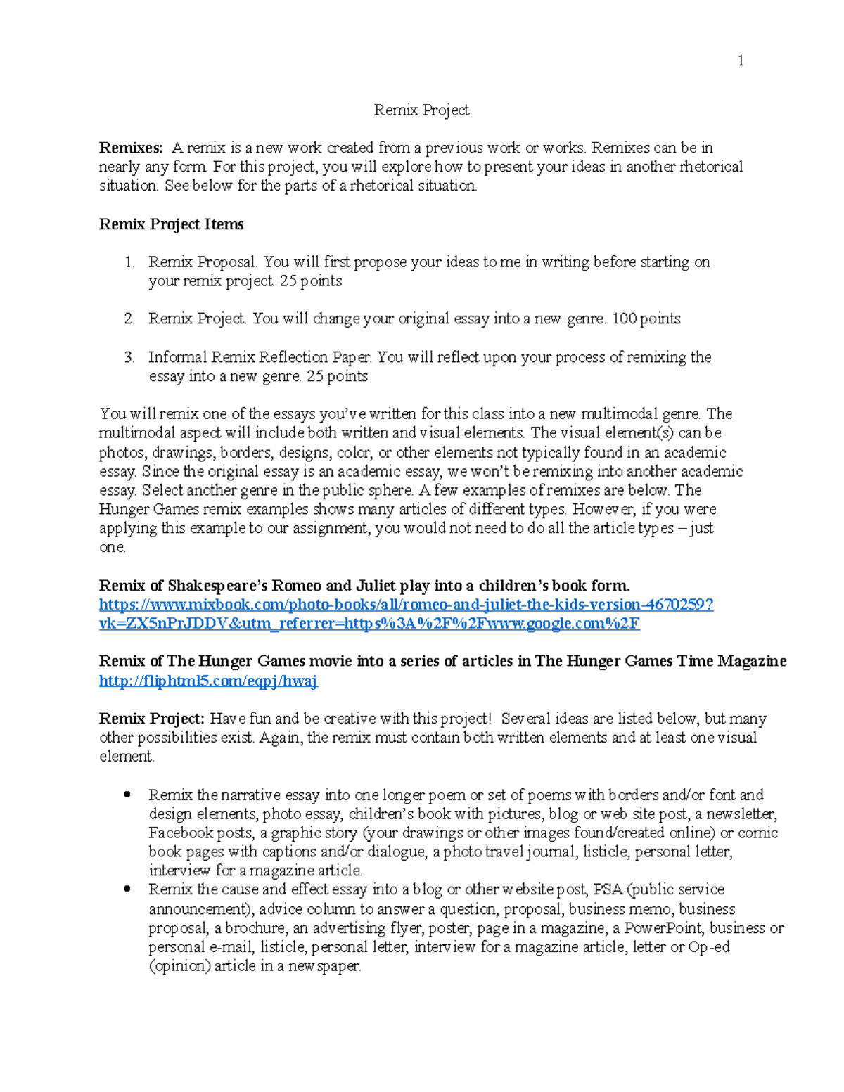 Remix Project and Rubric - Remix Project Remixes: A remix is a new work ...