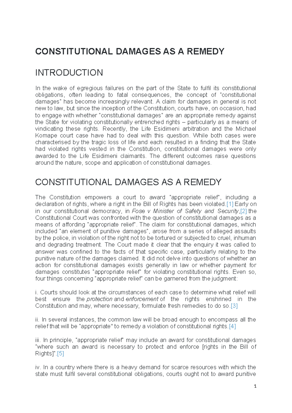 Constitutional damages 1 - CONSTITUTIONAL DAMAGES AS A REMEDY ...