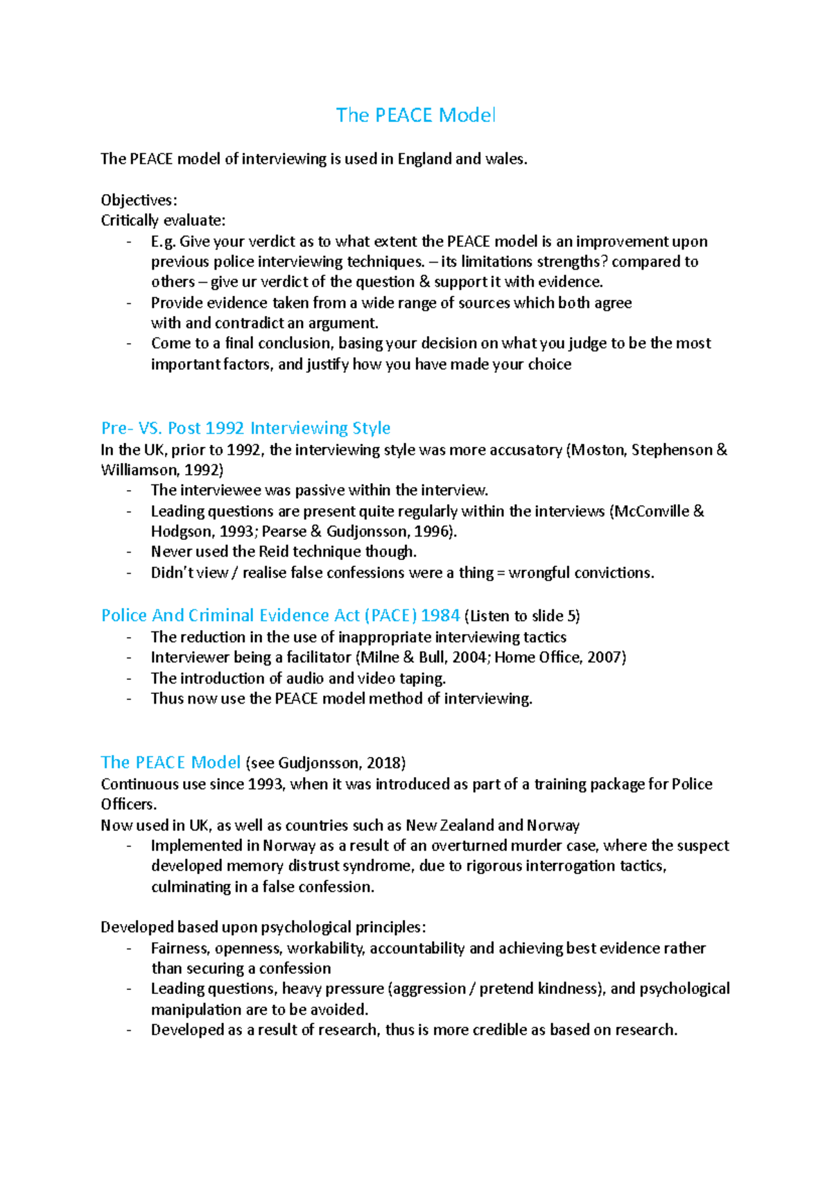 The Peace Model - The PEACE Model The PEACE model of interviewing is ...