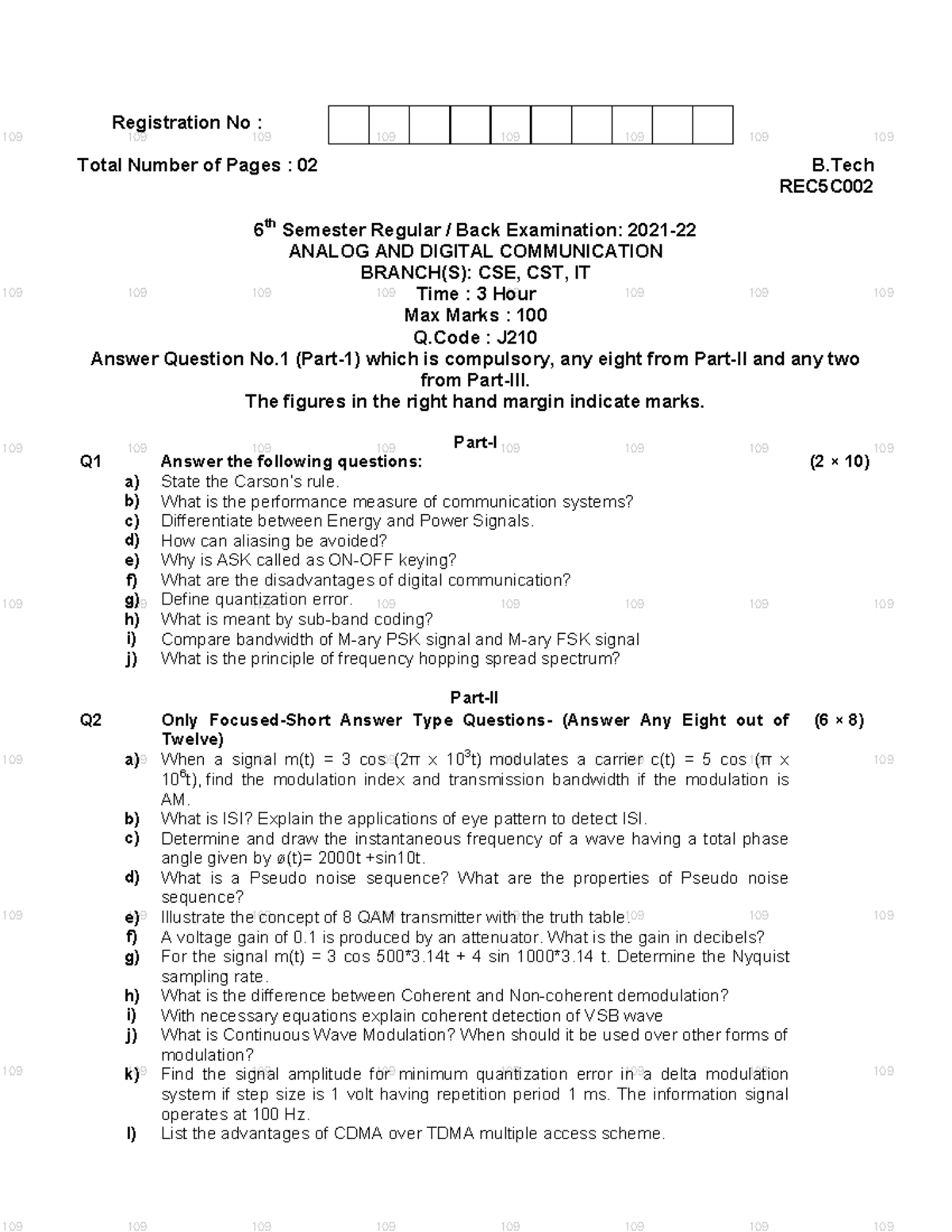 Analog AND Digital Communication-6TH-CSE-IT-2021-22- Btech - 109 109 ...