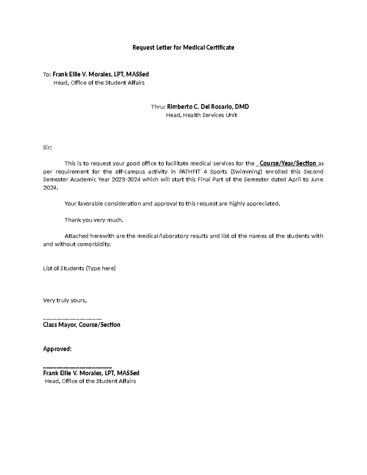 Request Letter for Medical Certificate - Morales, LPT, MASSed Head ...