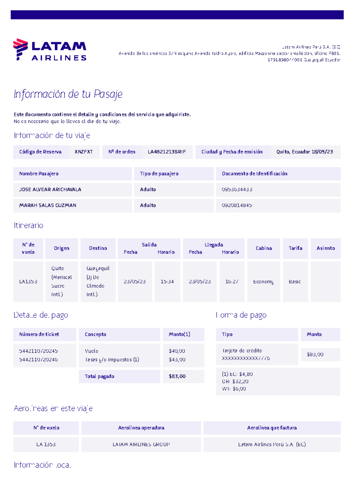 Comprobante - bubhò¡ik'`K ol ¡p+ - Latam Airlines Perú S. (EC) Avenida de las américas S/N ...