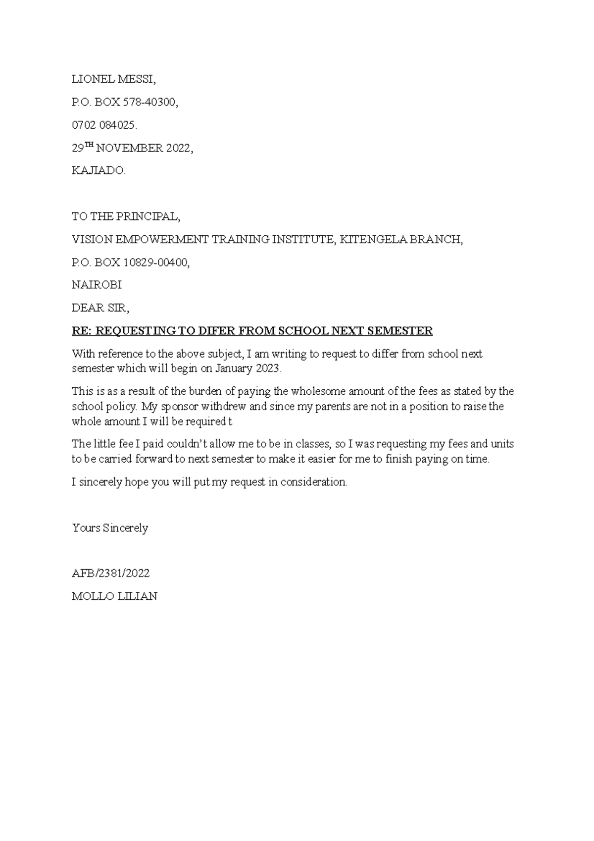 Letter - LIONEL MESSI, P. BOX 578-40300, 0702 084025. 29 TH NOVEMBER ...