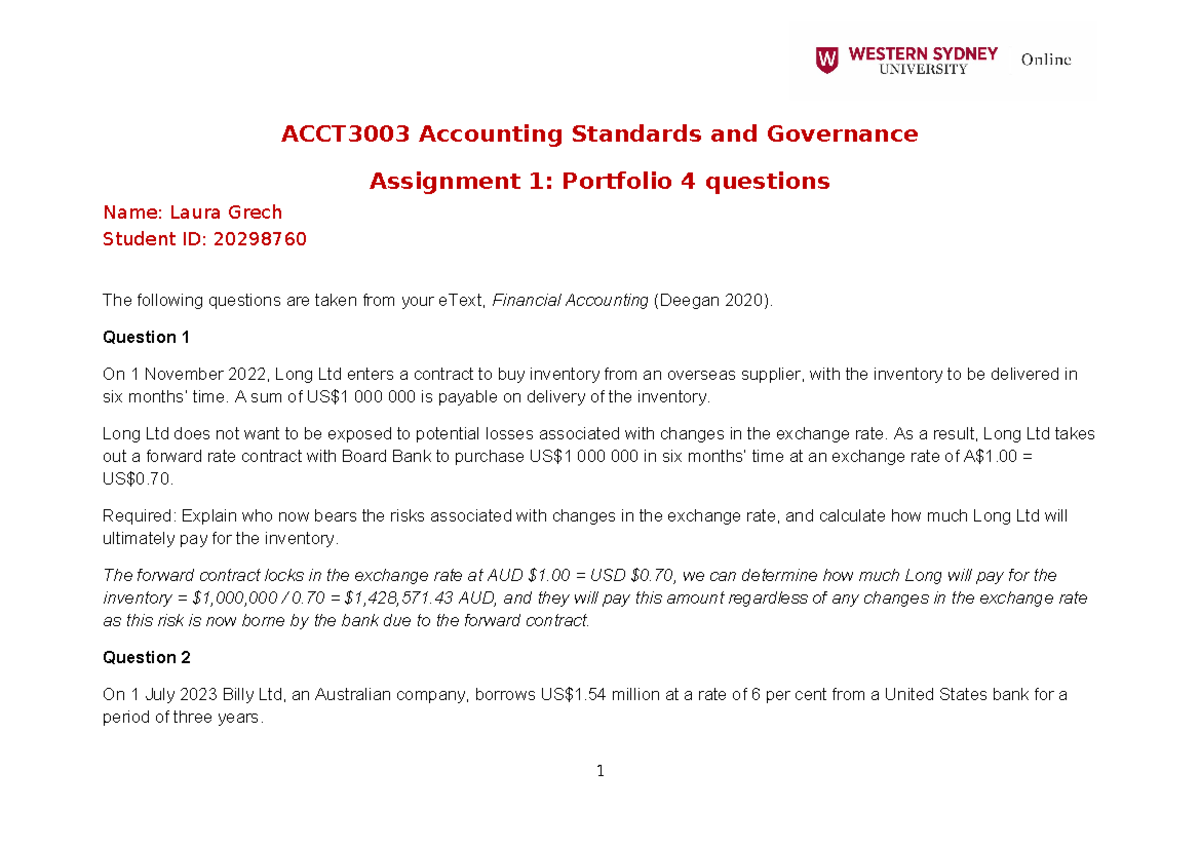 ACCT3003 Assignment 1 Portfolio 4 - ACCT3003 Accounting Standards and ...
