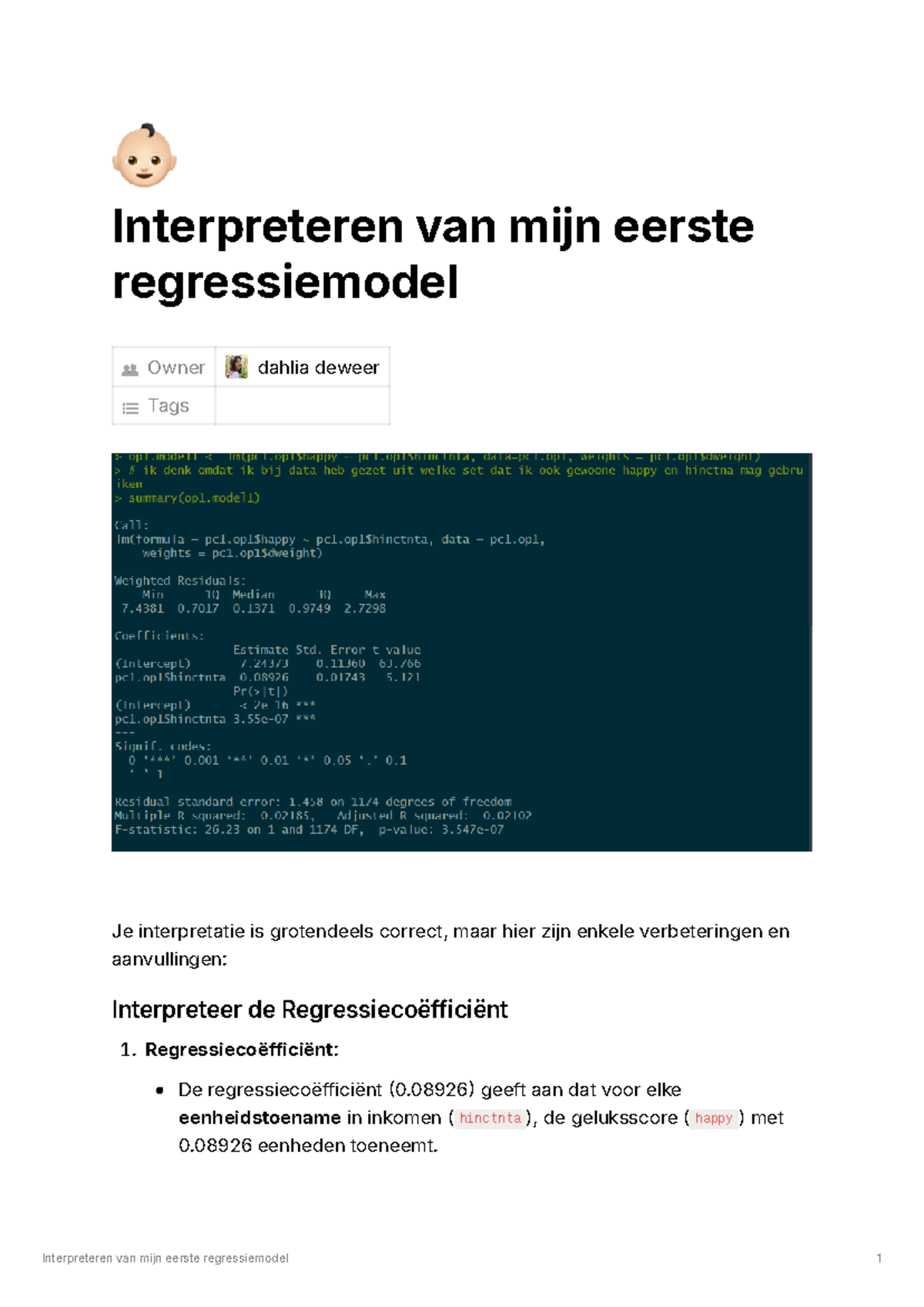interpreteren van een lineair regressiemodel - Interpreteren van mijn ...