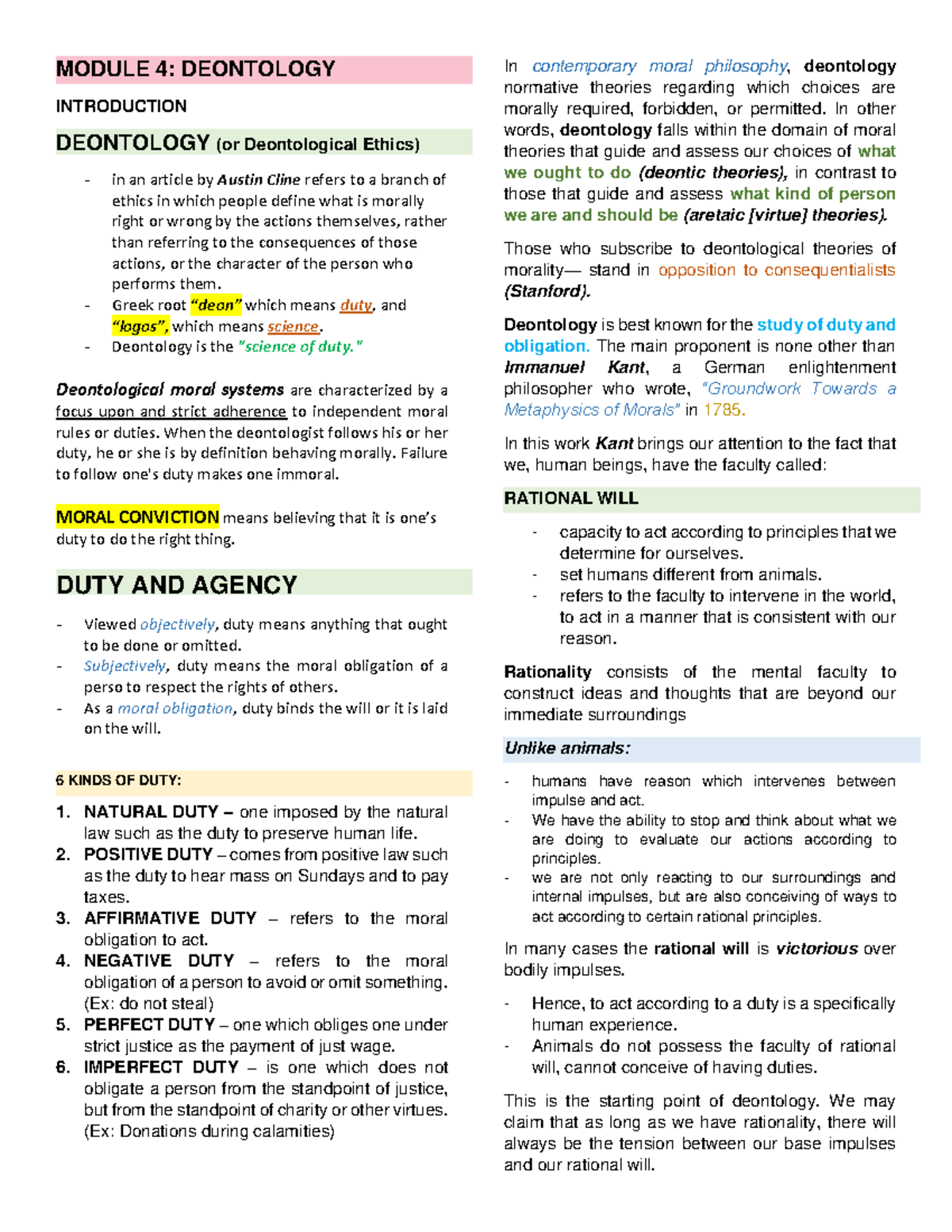 Ethics - A brief summary of the title/lectyre - MODULE 4: DEONTOLOGY ...