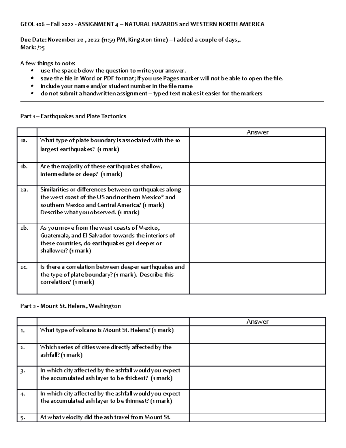 GEOL 106 F22 Assignment 4 Answer Sheet - GEOL 106 – Fall 2022 - ASSIGNMENT 4 – NATURAL HAZARDS ...
