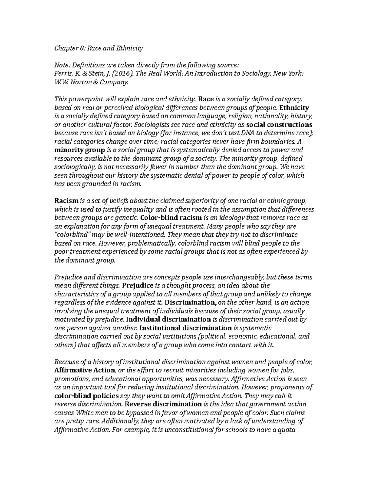 Chapter 8 Notes - Chapter 8: Race and Ethnicity Note: Definitions are ...