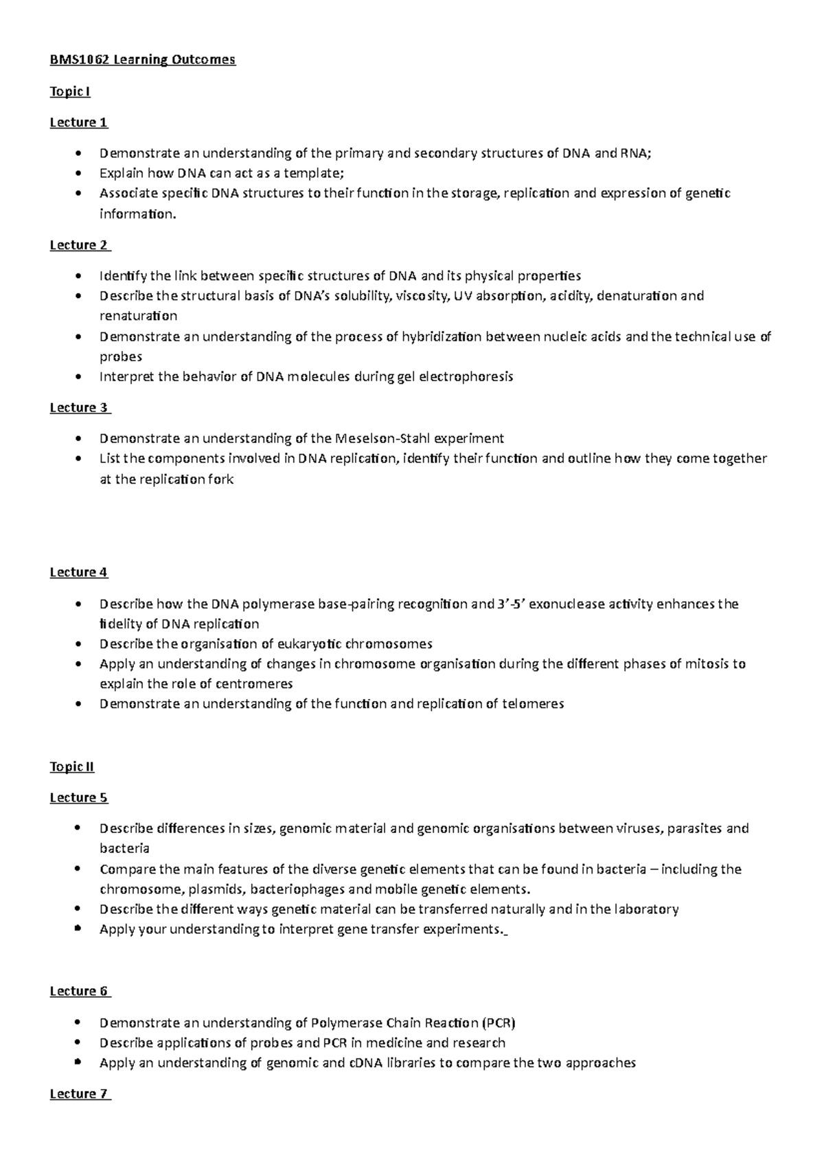 Bms1062-learning-outcomes - BMS1062 Learning Outcomes Topic I Lecture 1 Demonstrate an ...