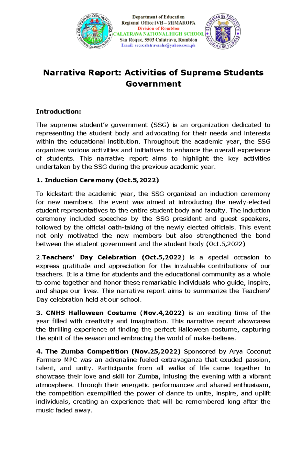 Narrative Repot - SSG 2022-2023 - Narrative Report: Activities of Supreme Students Government ...