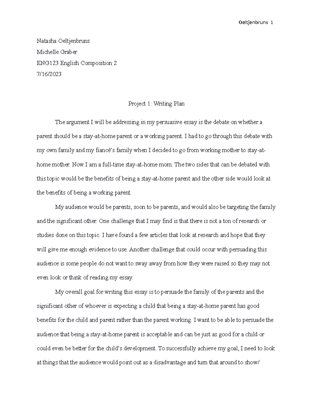 3-6 Project 1; Writing Plan - Natasha Oeltjenbruns Michelle Graber ...