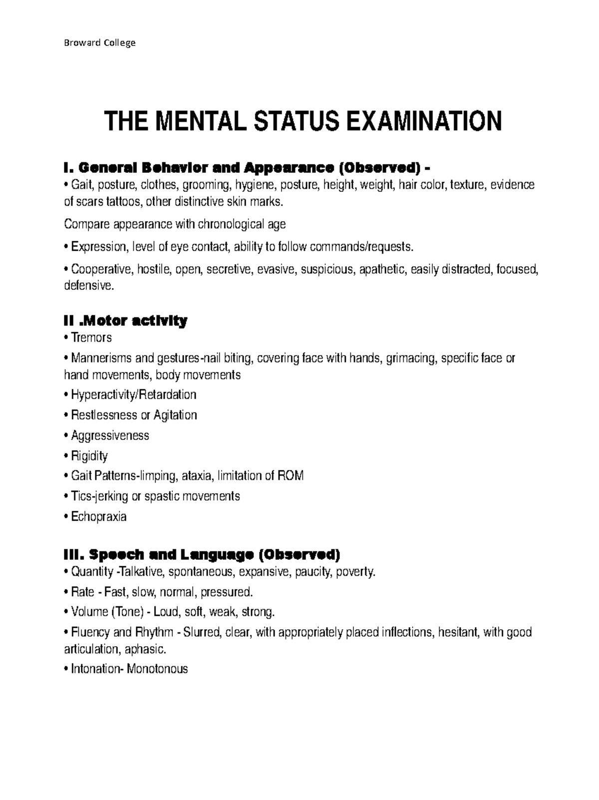 Mental Status Examination - THE MENTAL STATUS EXAMINATION I. General ...