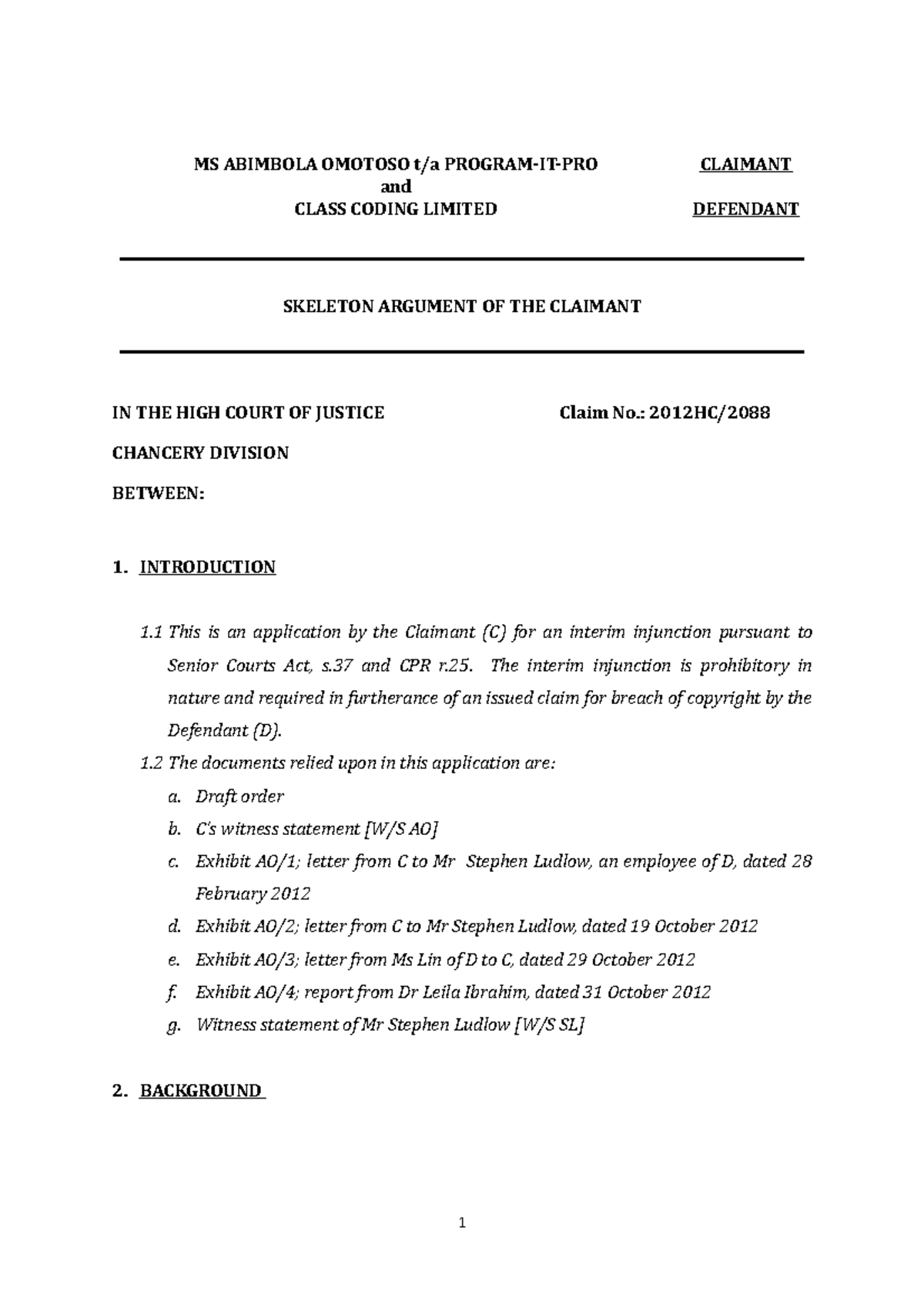 LLB Annotated example Skeleton Argument 2018 - MS ABIMBOLA OMOTOSO t/a ...