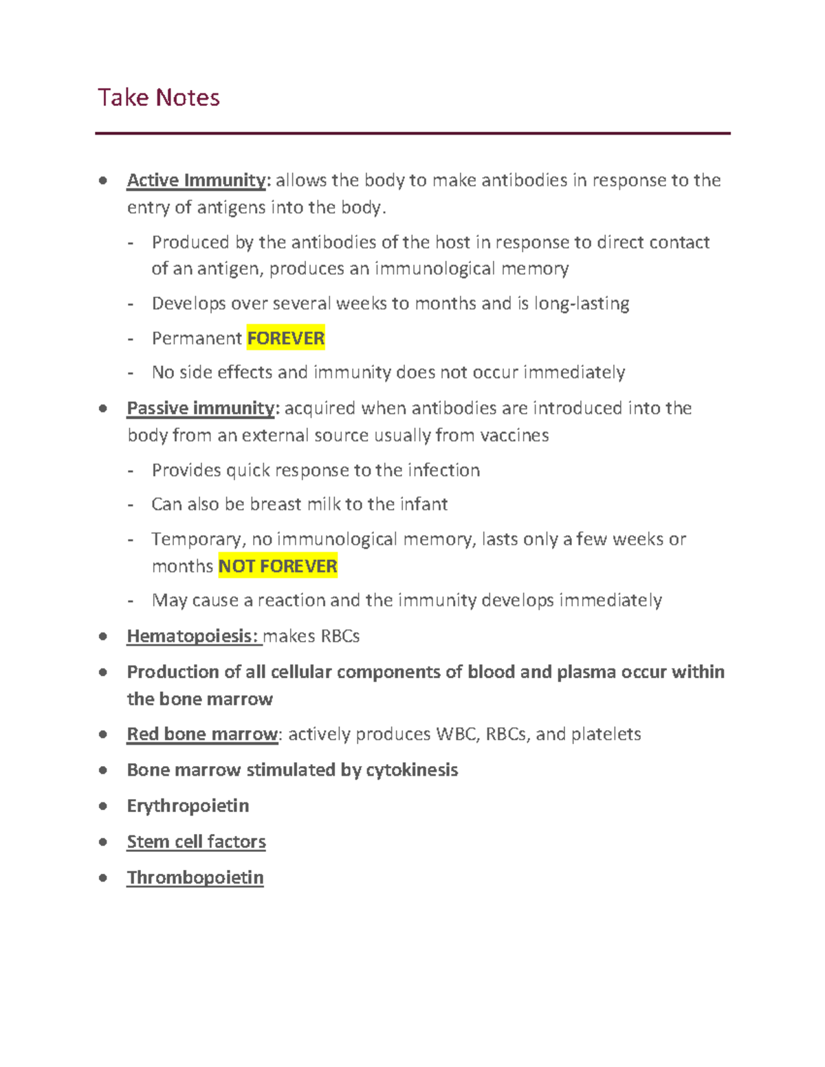 Med surg pals notes - anemia - Take Notes Active Immunity: allows the ...