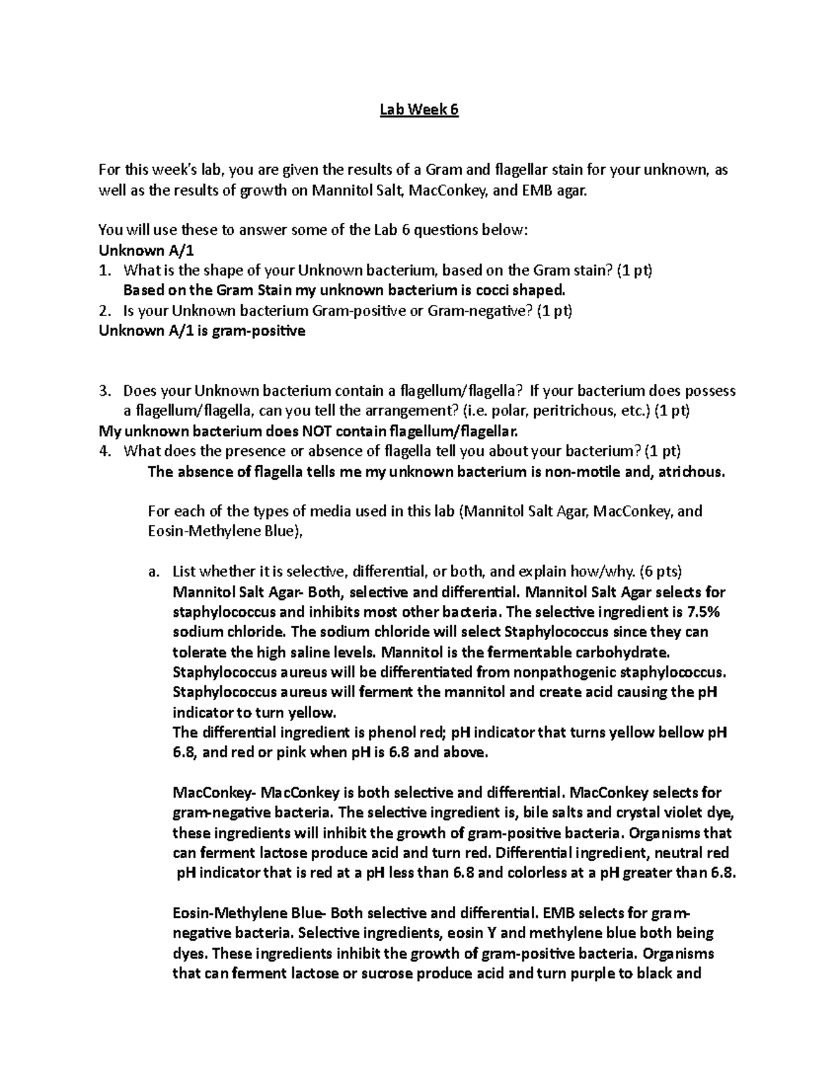 Lab Week 6 - Unknown Bacteria - Lab Week 6 For this week’s lab, you are ...