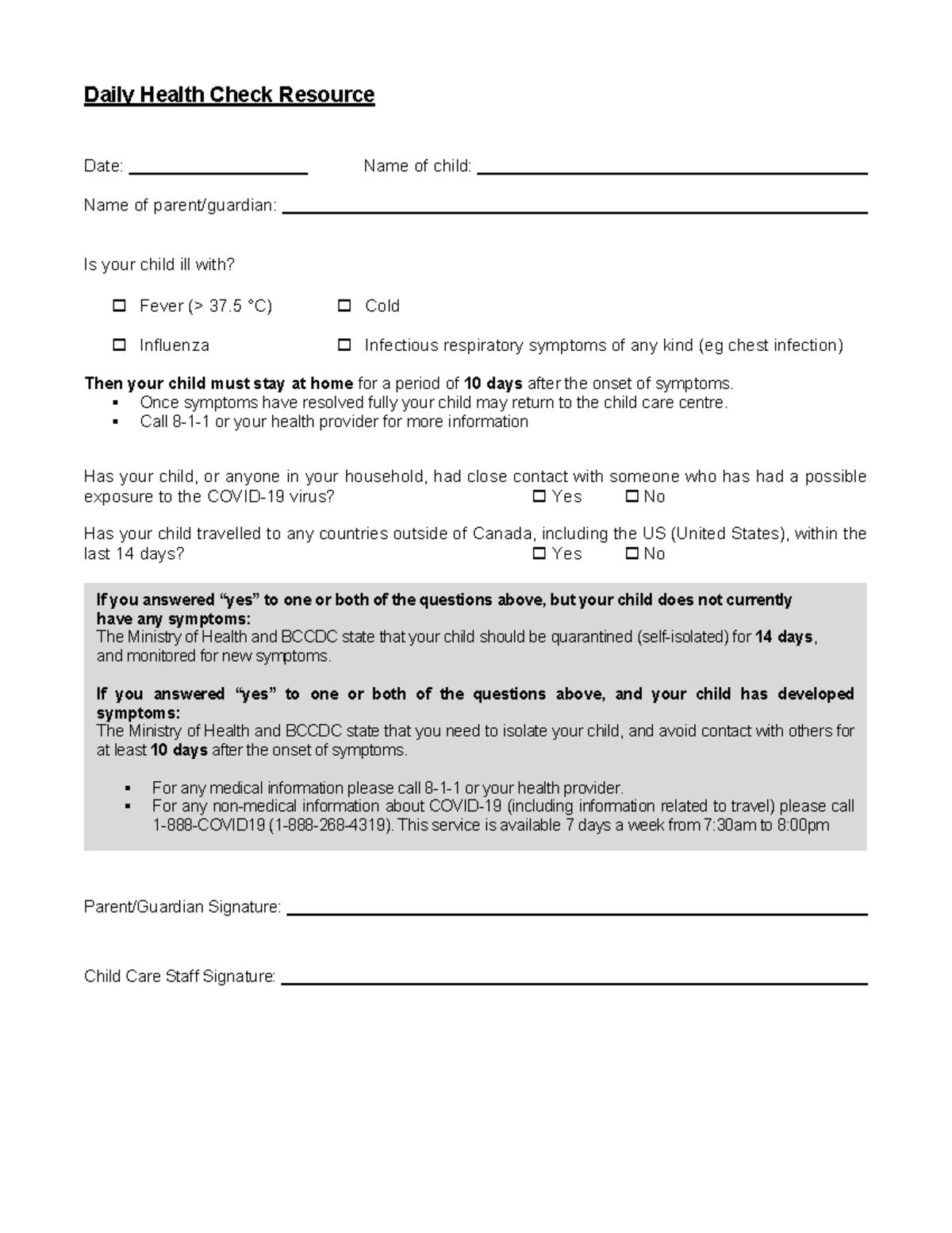 Daily Health Check Resource - Daily Health Check Resource Date: Name of ...