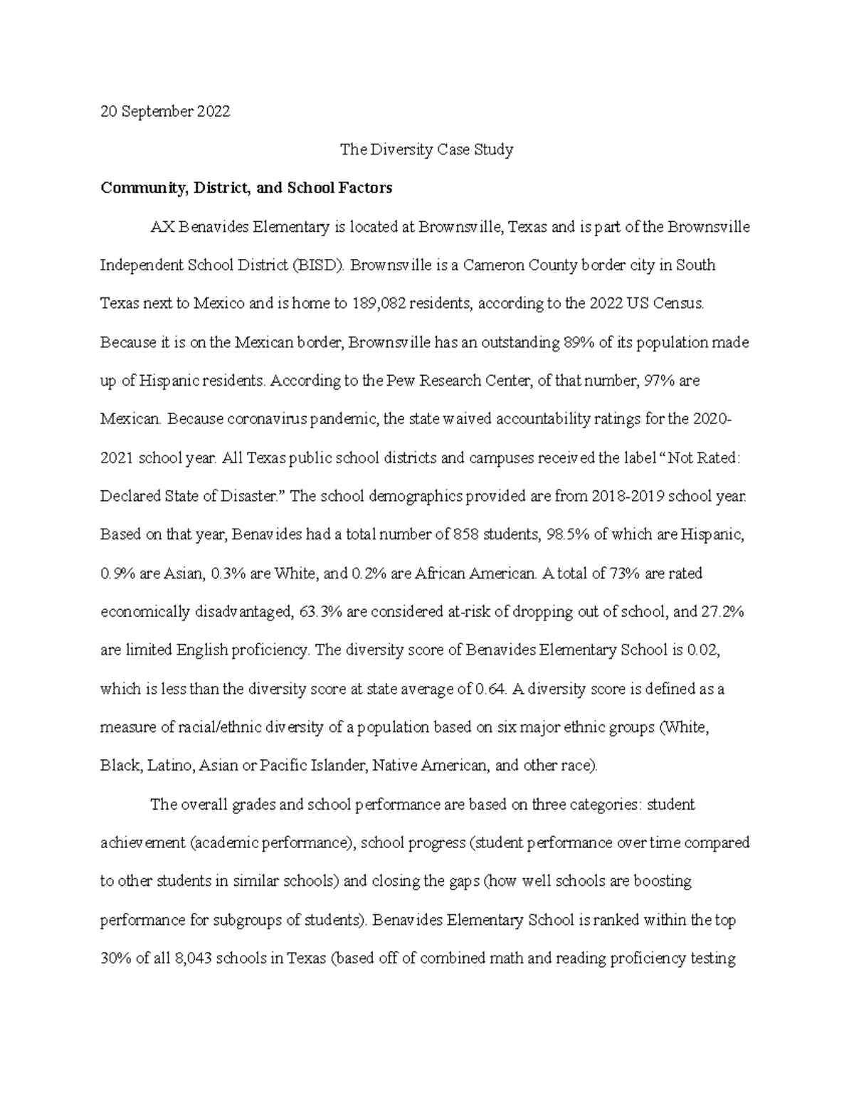 Diversity Case Study - 20 September 2022 The Diversity Case Study Community, District, and ...