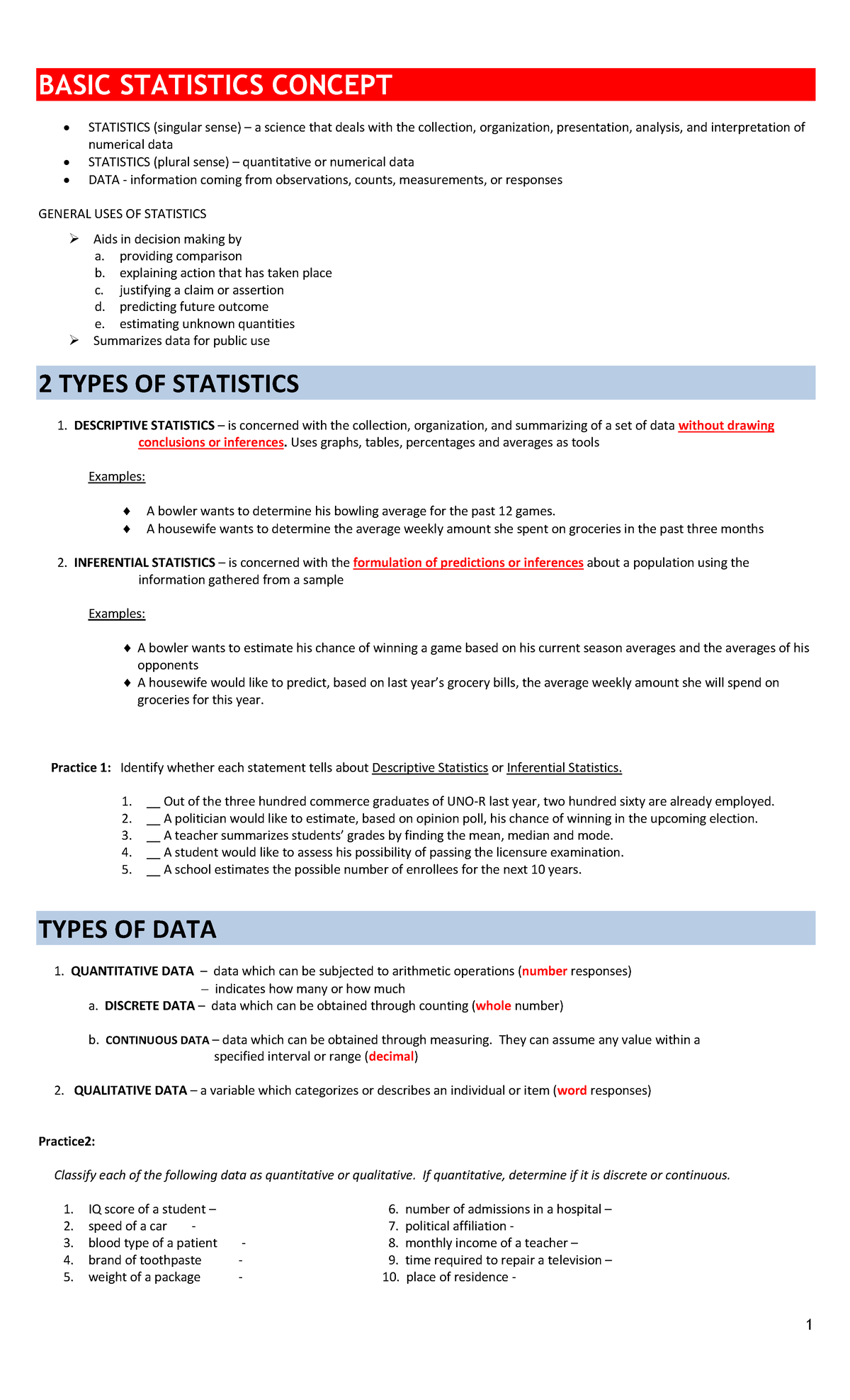 Stansa 23Z - 2023 - Basic Statistics - BASIC STATISTICS CONCEPT • STATISTICS (singular sense ...