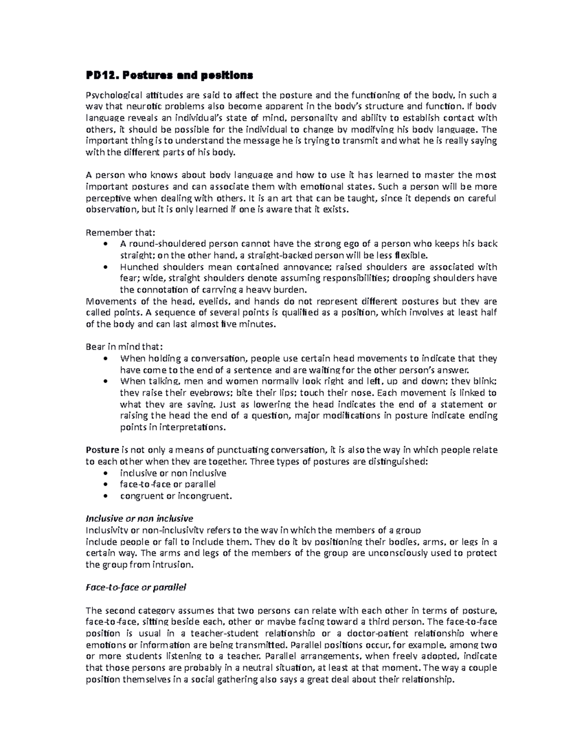 PD12 - Lecture notes 12 - PD12. Postures and positions Psychological ...