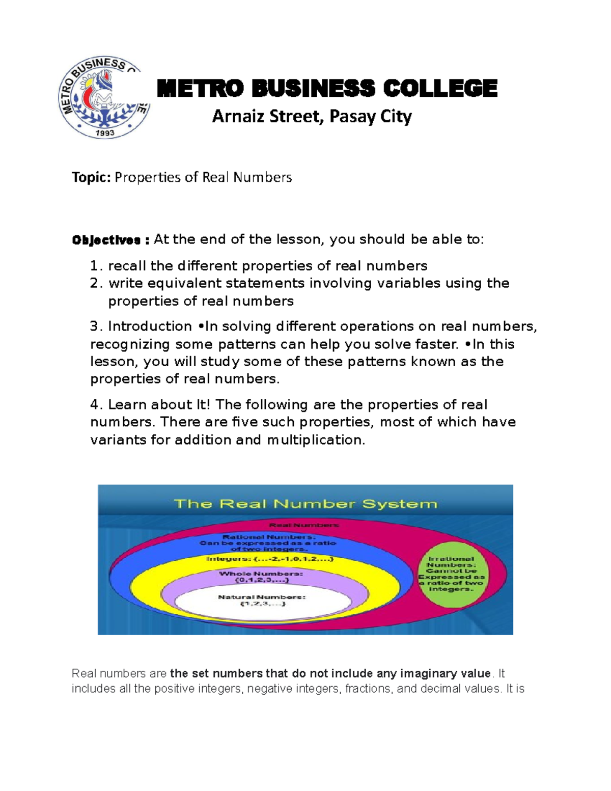 Prelim Real Properties - METRO BUSINESS COLLEGE Arnaiz Street, Pasay ...