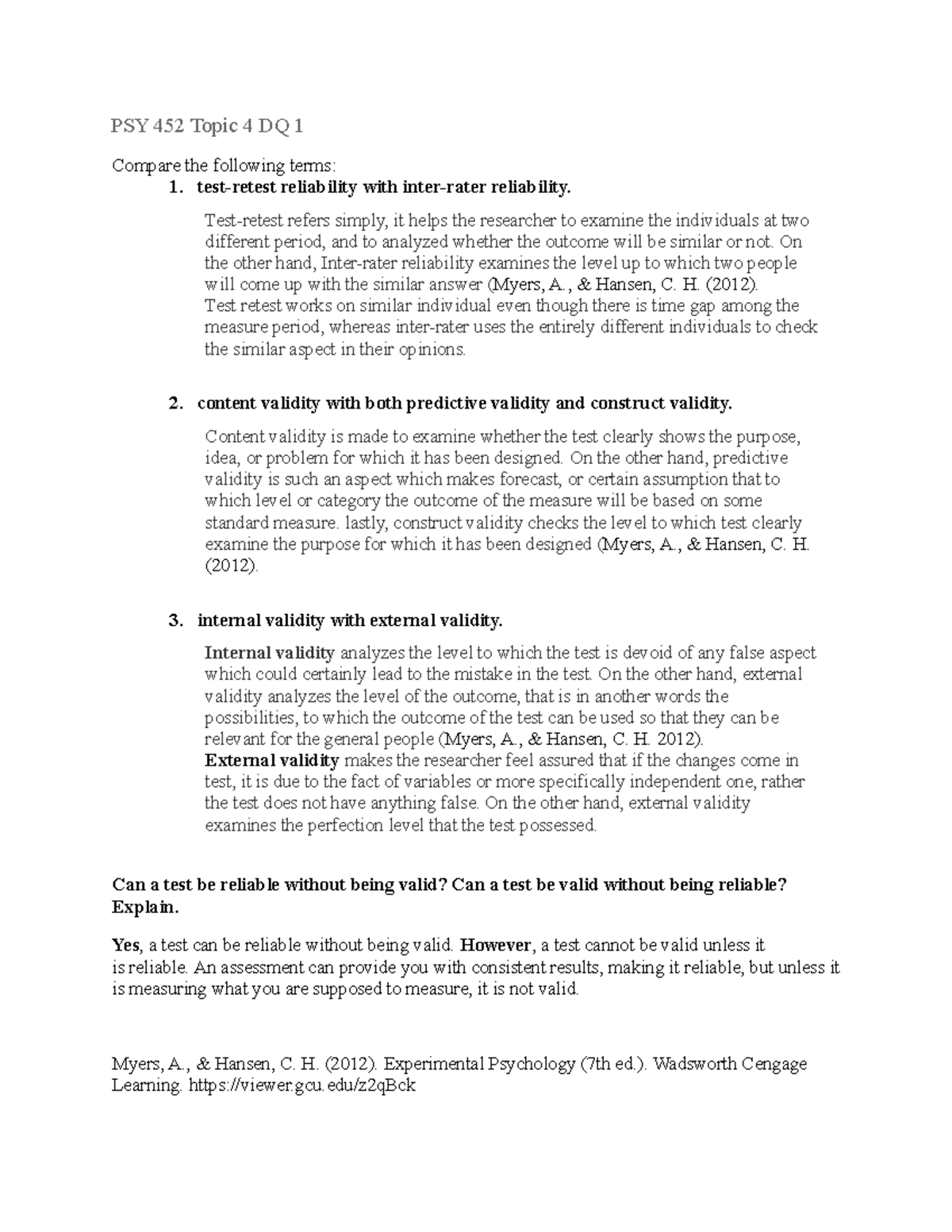 PSY 452 Topic 4 DQ 1 - PSY 452 Topic 4 DQ 1 Compare the following terms ...