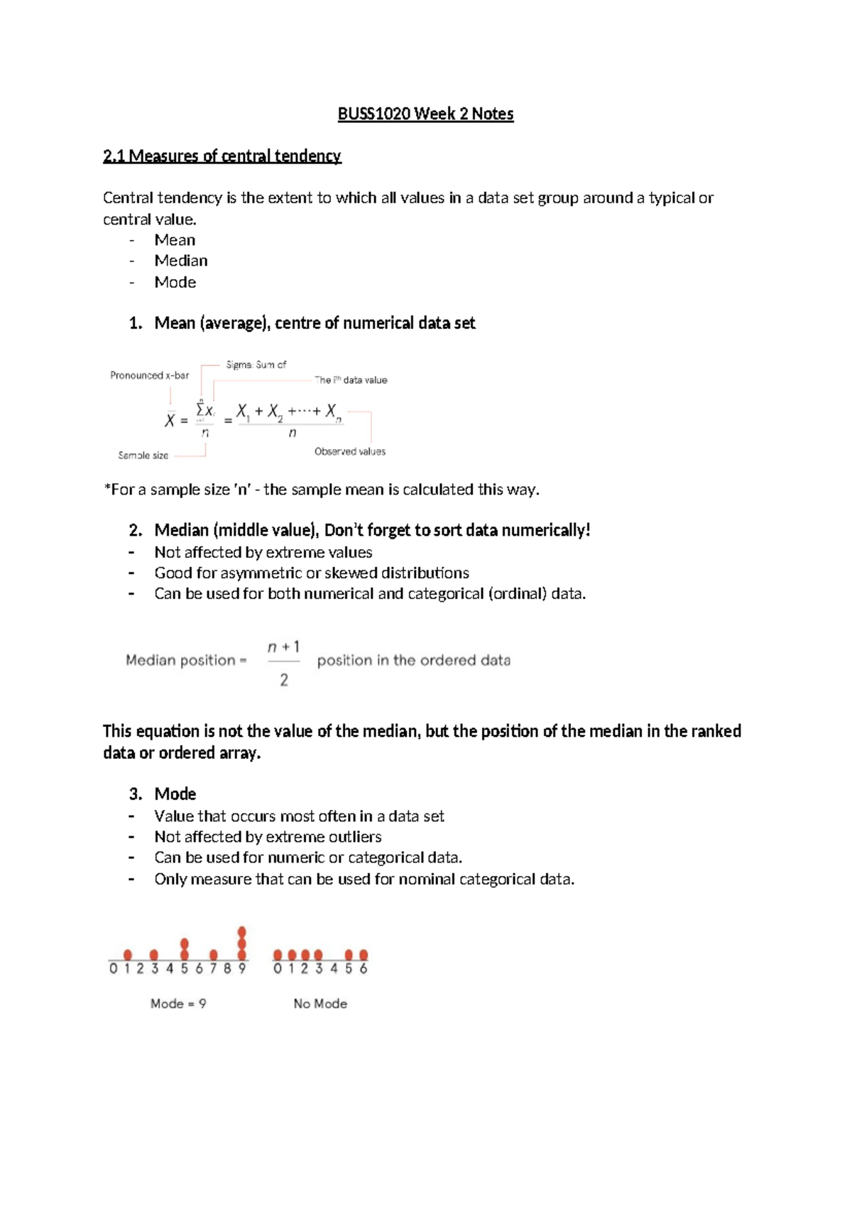 BUSS1020 Week 2 Notes - BUSS1020 Week 2 Notes 2 Measures of central ...