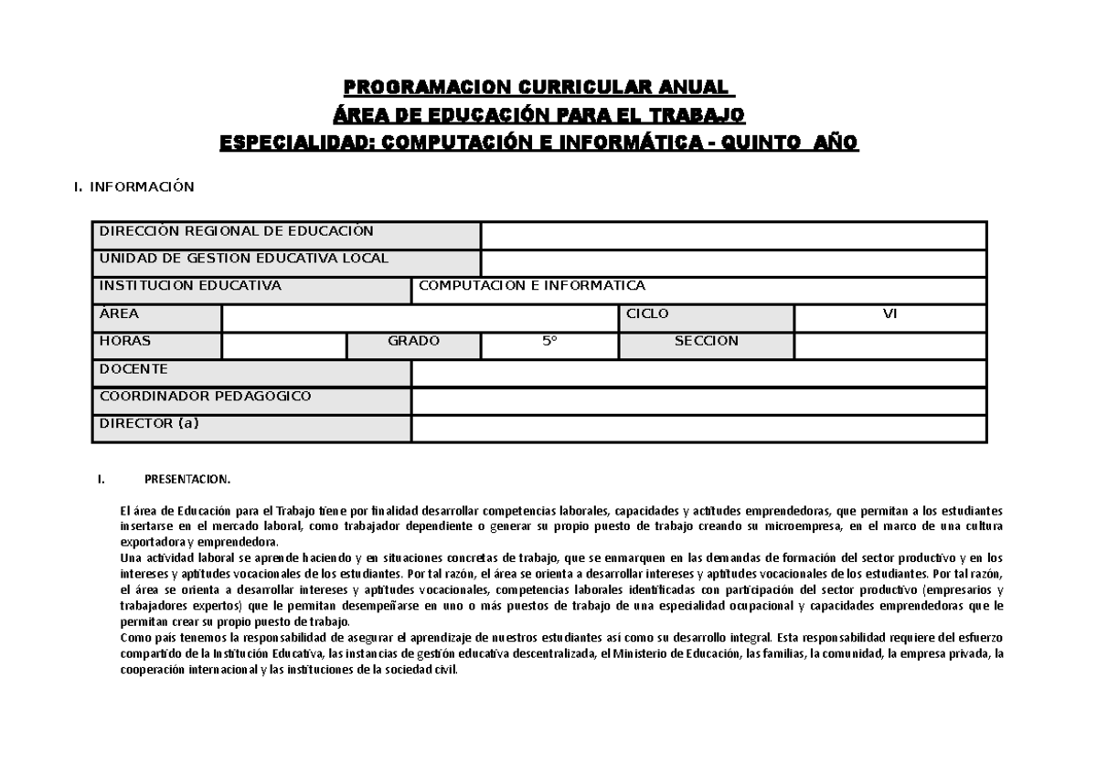 Computación E Informática 5° AÑO - PROGRAMACION CURRICULAR ANUAL ÁREA DE EDUCACIÓN PARA EL ...