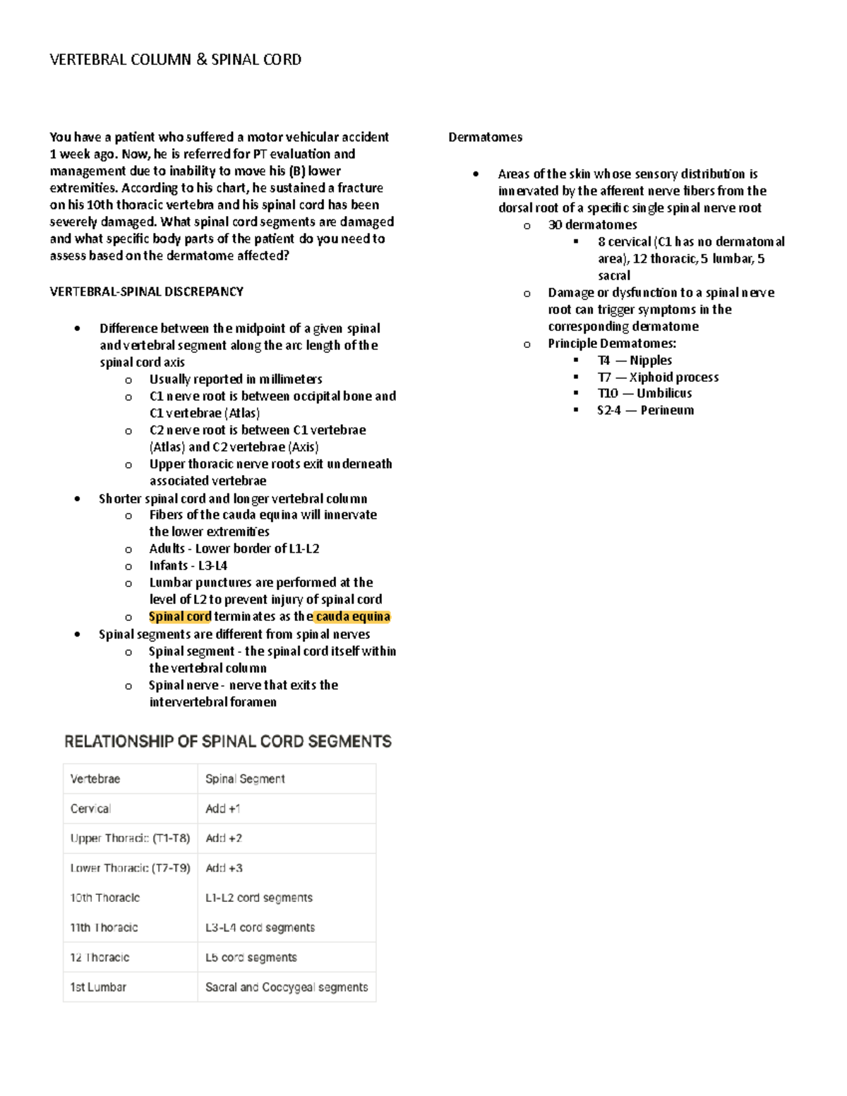 Spinal cord and sc - notes - VERTEBRAL COLUMN & SPINAL CORD You have a ...
