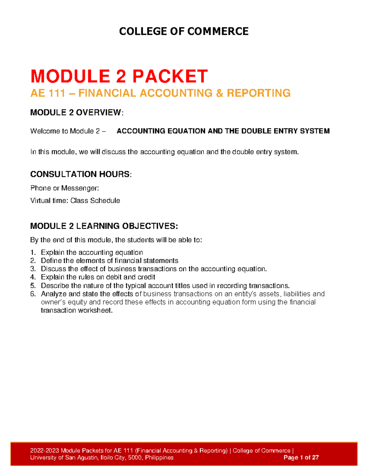 22 AE 111 Module 2 Accounting Equation and the Double Entry System ...