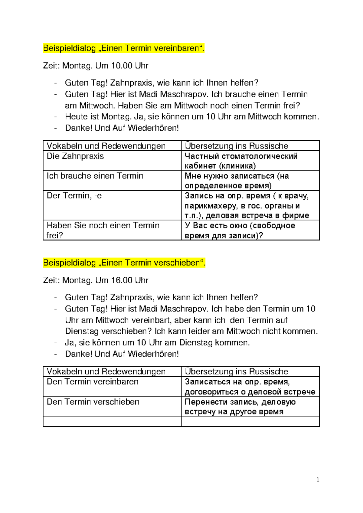 A 1.2 Beispieldialog Termin vereinbaren - 1 Beispieldialog „Einen ...